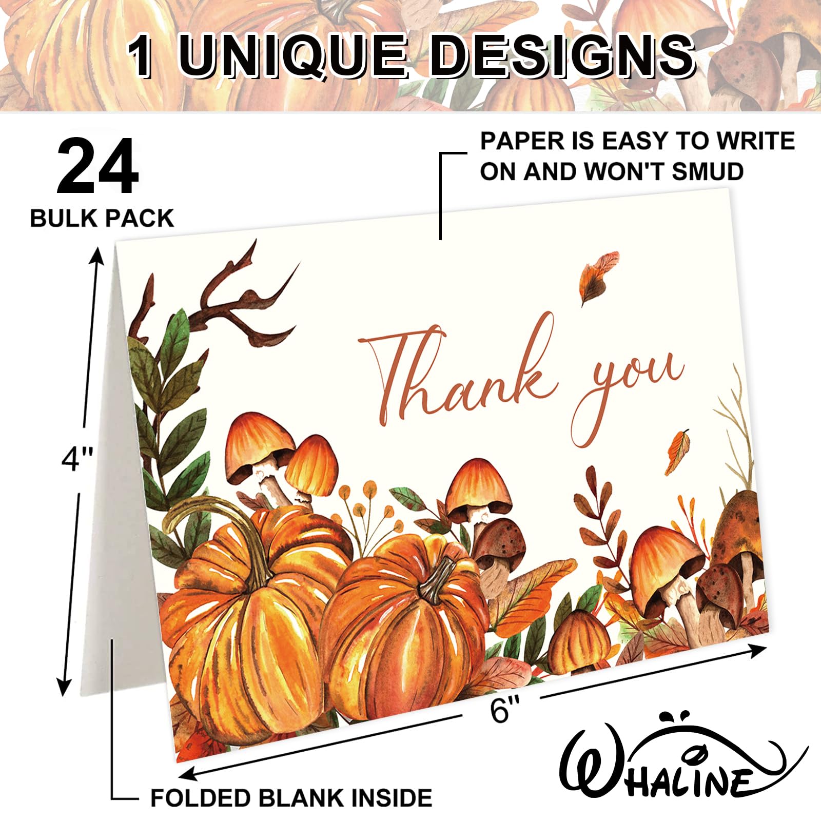 Whaline 24 Pack Fall Thank You Cards Autumn Mushroom Pumpkin Leaves Greeting Cards with Envelopes Stickers Vintage Blank Note Cards for Thanksgiving Harvest, 4 x 6 Inch