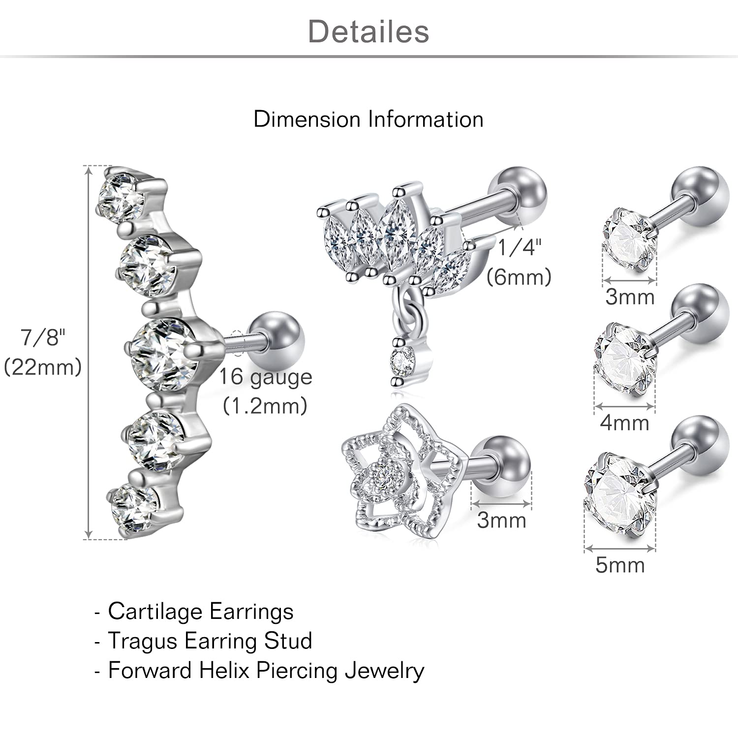 MODRSA 16G Cartilage Piercing Jewelry Tragus Earrings Forward Helix Piercing Jewelry for Women Stainless Steel Cubic Zirconia Stud Earrings Silve