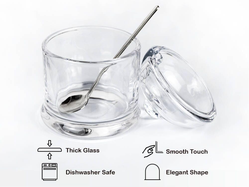 Thick Glass Salt Cellar with Stainless Steel Spoon, Clear Container for Kosher Salt, Sea Salt, Himalayan Salt, Sugar and Pepper, Heavyweight Spices Jar, 10 oz