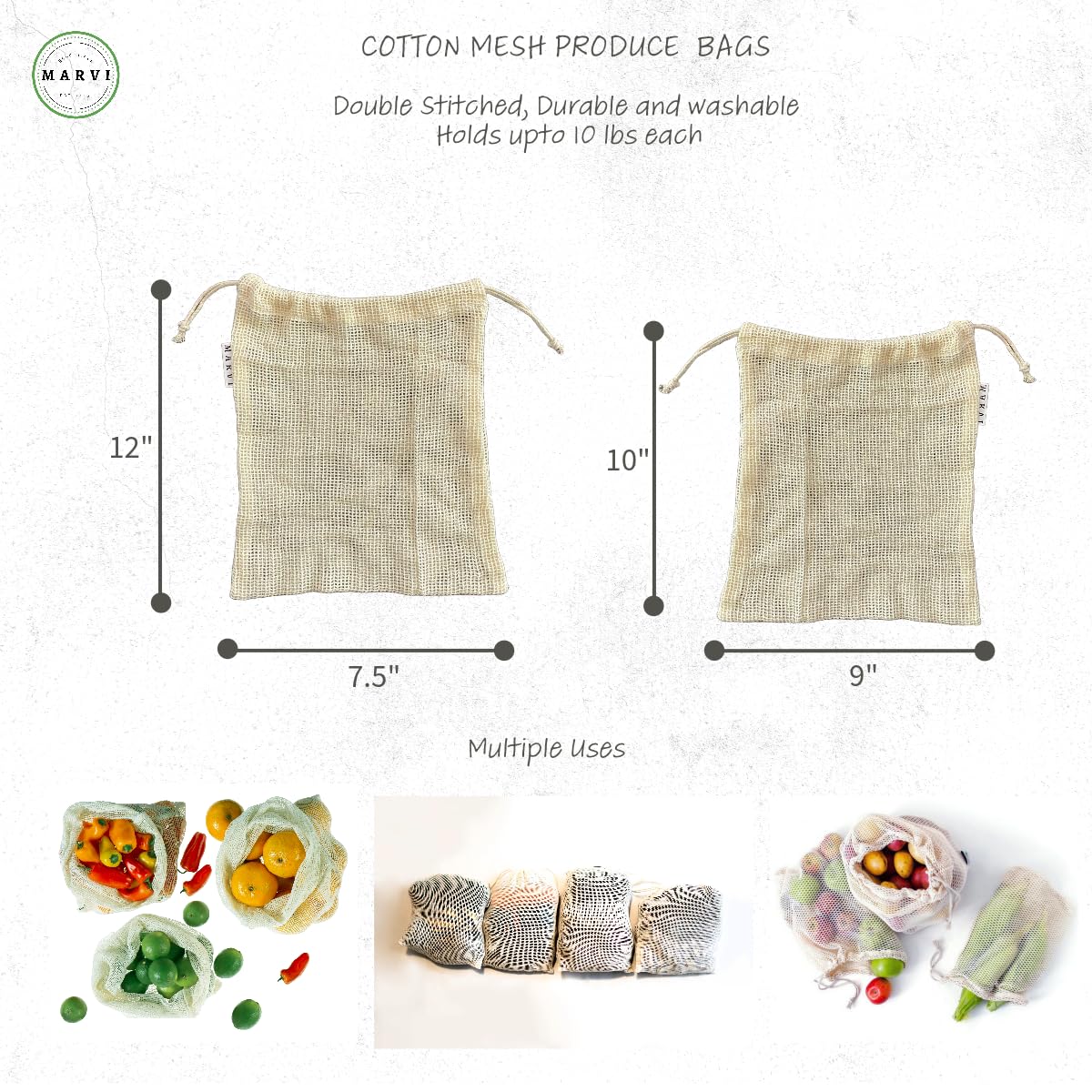 MARVI TOTE BAG - Juco/Burlap Shopping, Beach, Travel Bag, Gift | Eco-friendly, Reusable | Cotton Mesh Drawstring Grocery Bags (1 Pack)