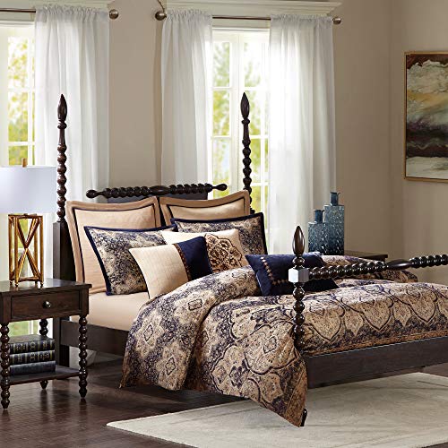 Madison Park Signature Wellington King Size Bed Comforter Set Bed In A Bag - Tan Blue , Jacquard β 9 Pieces Bedding Sets β Ultra Soft Microfiber Bedroom Comforters