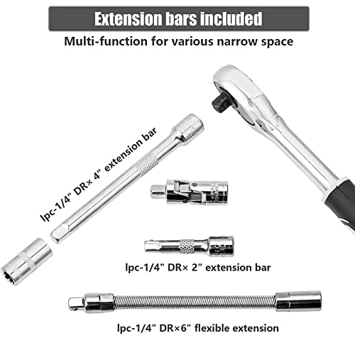 YUFANYA 46PCS 1/4 inch Drive Socket Set,Metric Ratchet Wrench Set with 4-14mm CR-V Sockets,S2 Bits,Extension Bars,Mechanic Tool Kits for Household Auto Repair