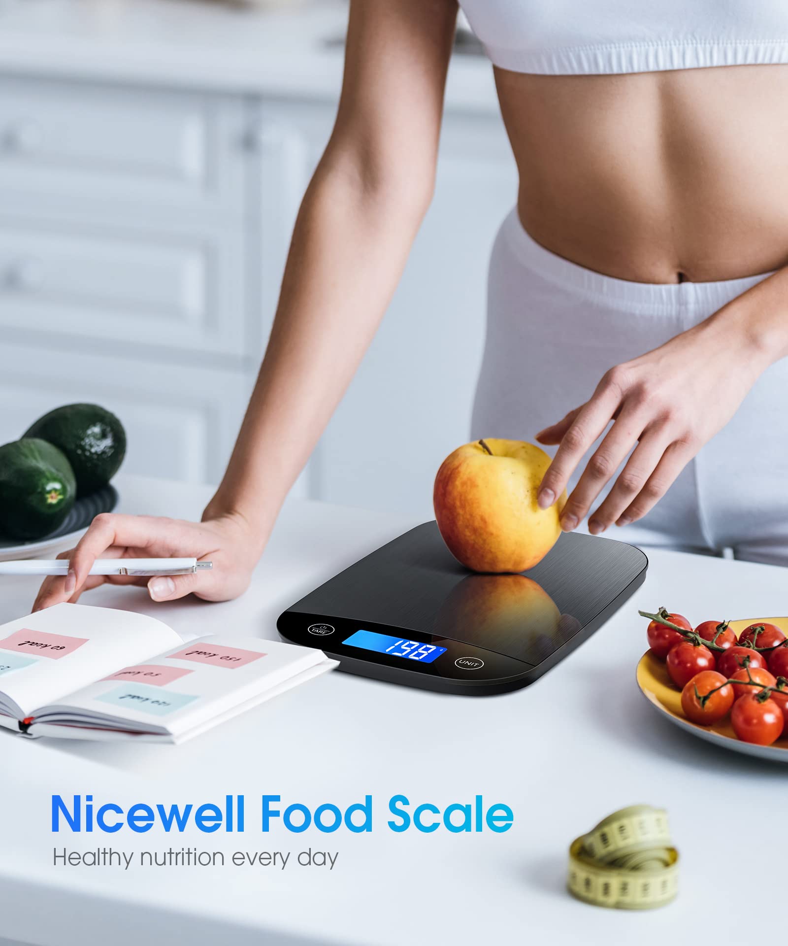 Nicewell Food Scale 22lbs Digital Kitchen Scale for Cooking Baking Weight Loss, Weighs in Grams and Ounce with 0.1oz/1g Resolution, Sleek Design and Large LCD Screen