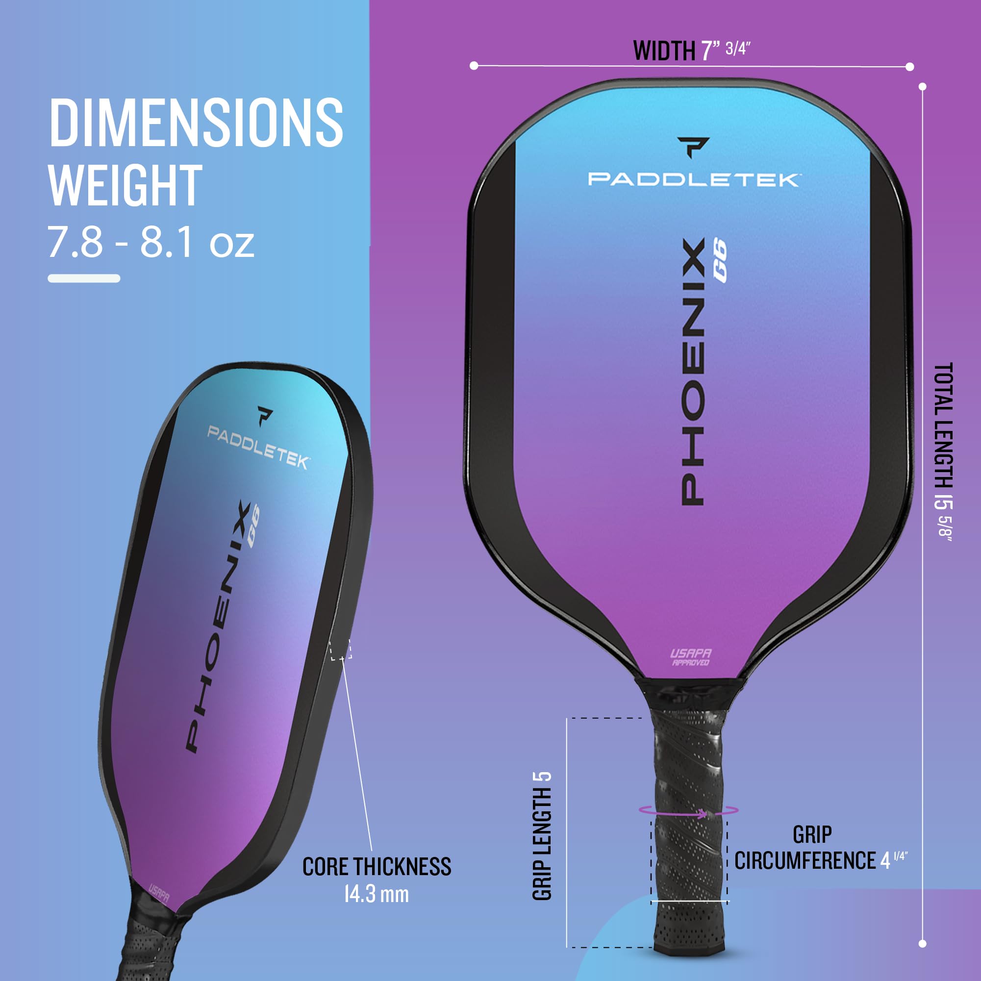 Paddletek Phoenix G6 Pickleball Paddle | Professional Pickleball Paddles with Honeycomb Core, Polycarbonate Surface, Graphite PolyCore & High Tack Performance Grip | USAPA Approved