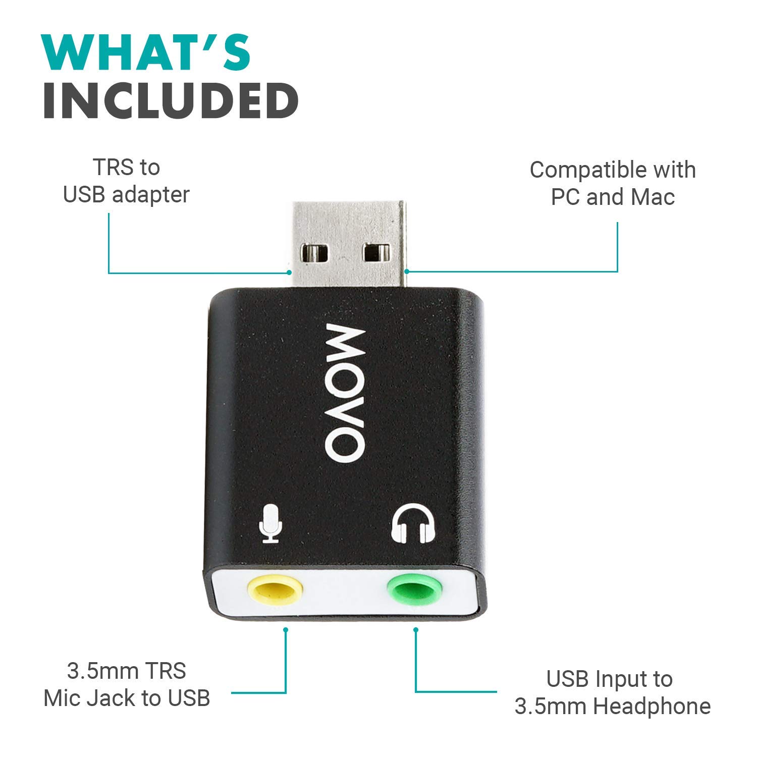 Movo USB-AC 3.5mm TRS Microphone to USB 2.0 Stereo Audio External Sound Card Adapter for PC and Mac. USB Sound Card Adapter for Computer or Laptop Convert USB Input to 3.5mm TRS Headphone or Mic Jack