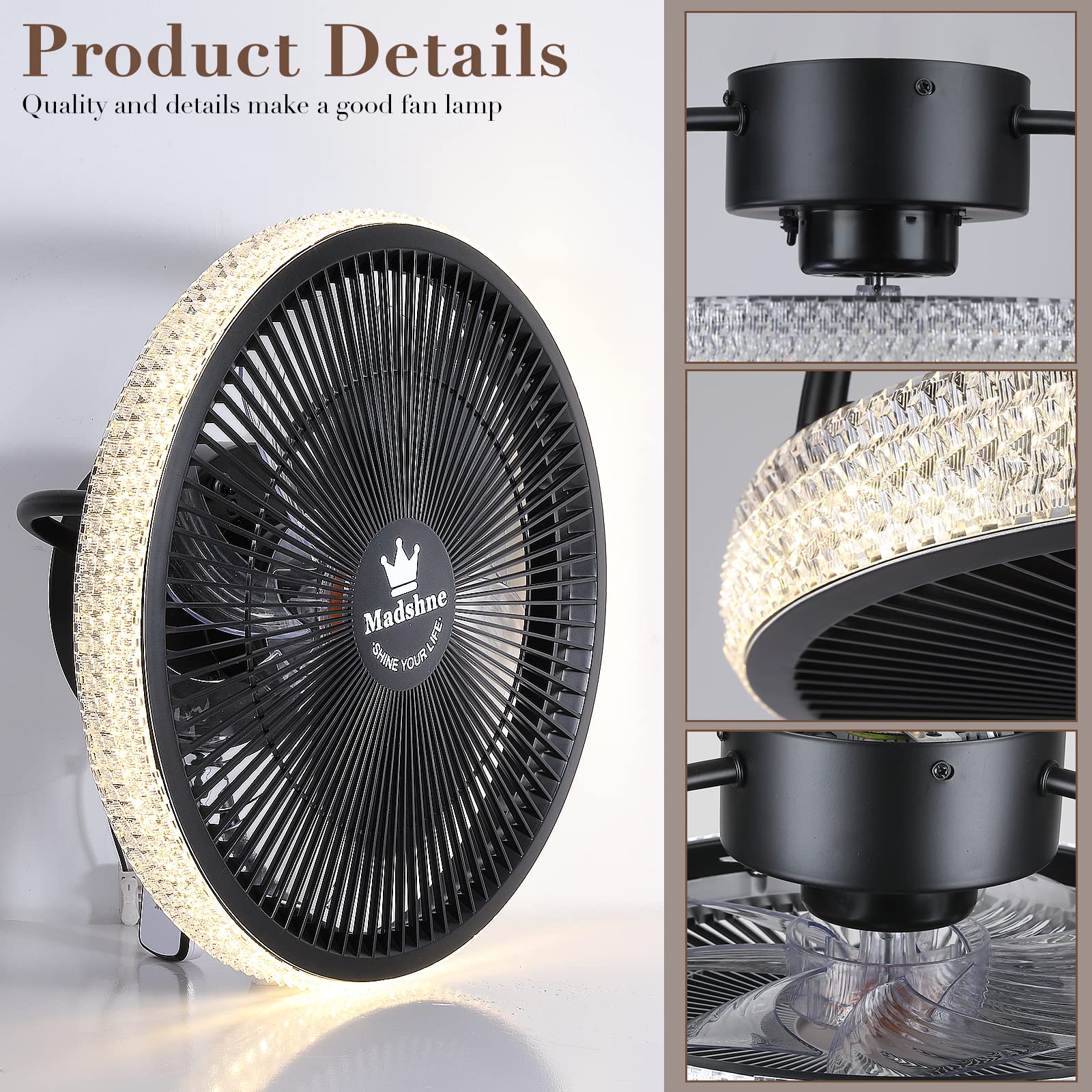 MADSHNE Low Profile Flush Mount Ceiling Fans with Lights and Remote,15'' Small Modern Bladeless Ceiling Fans, Black Enclosed Ceiling Fan with Dimmable LED Lighting Fixture for Bedroom Kitchen