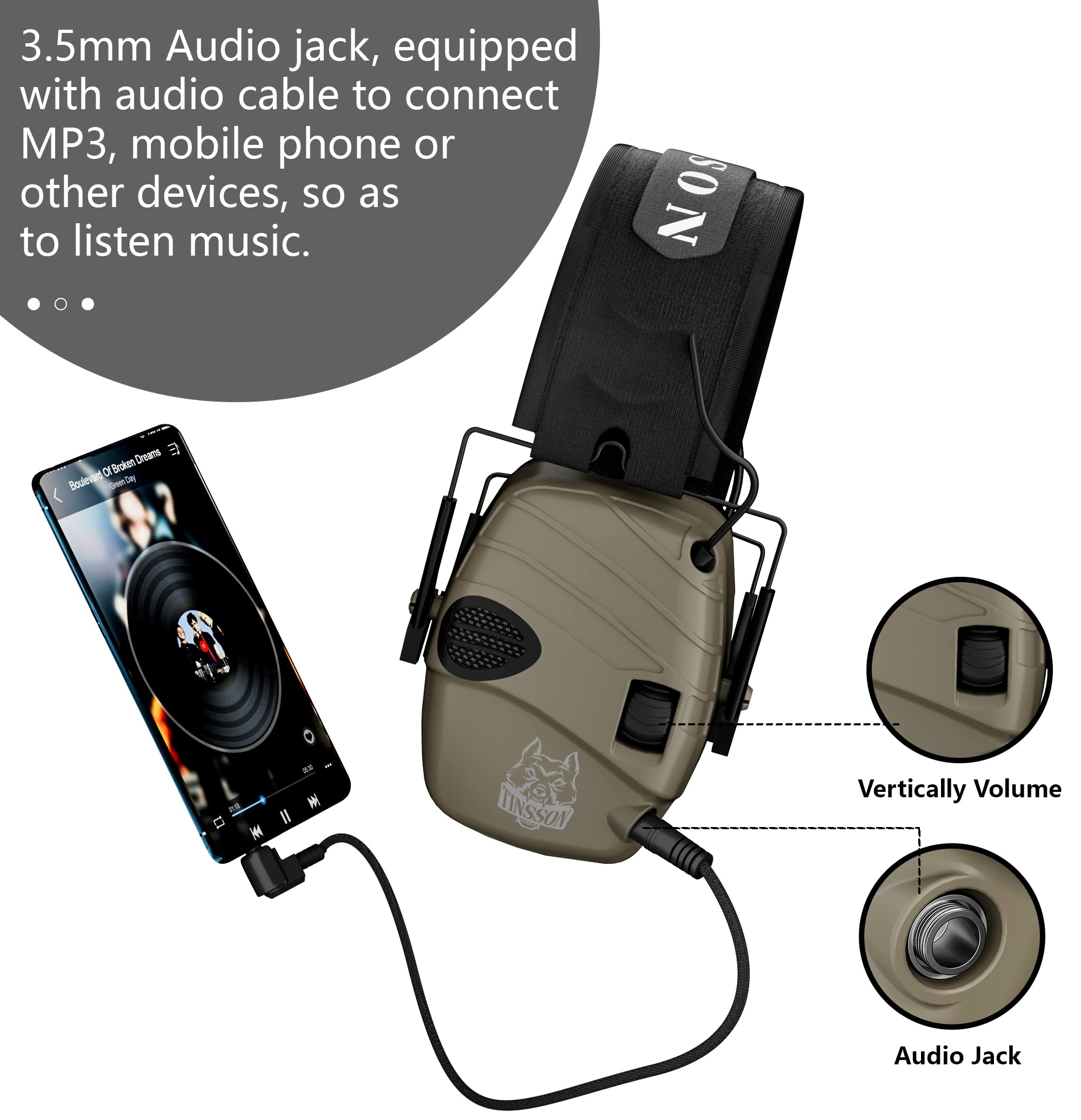 TINSSON Electronic Shooting Hearing Protection Earmuffs for Gun Range NRR 23dB Noise Cancelling Headphones for Hunting FDE