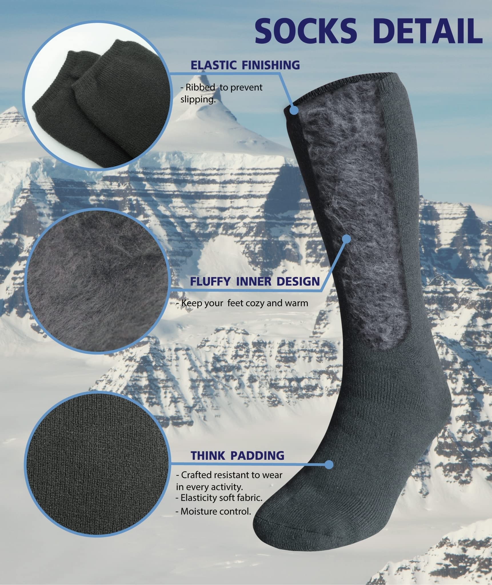 RATIVE Cold Weather Thick Heat Trapping Insulated Thermal Boots Socks Pack Warm Winter Long Crew for Men Women (12-14,2 pairs/black+grey+navy)