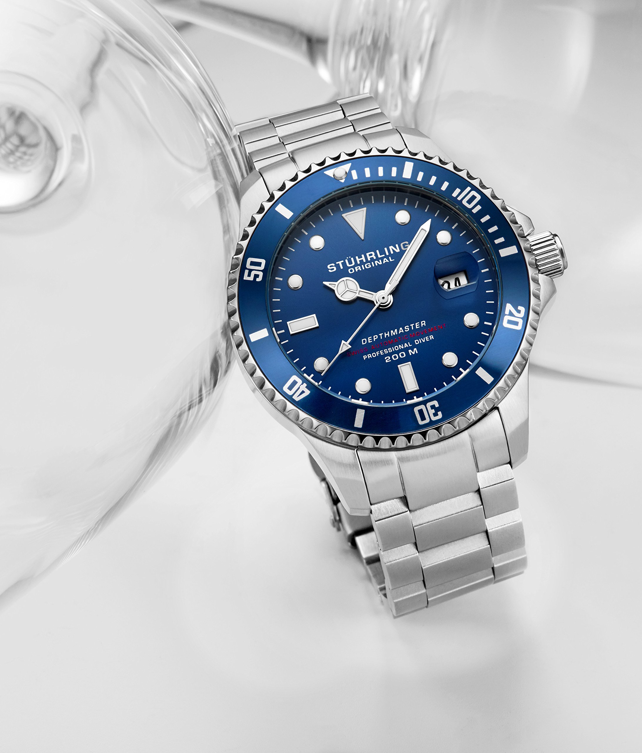 Mens Automatic Stainless Steel Professional DEPTHMASTER Dive Watch, 200 Meters Water Resistant, Brushed and Beveled Bracelet with Divers Safety Clasp and Screw Down Crown (Blue)