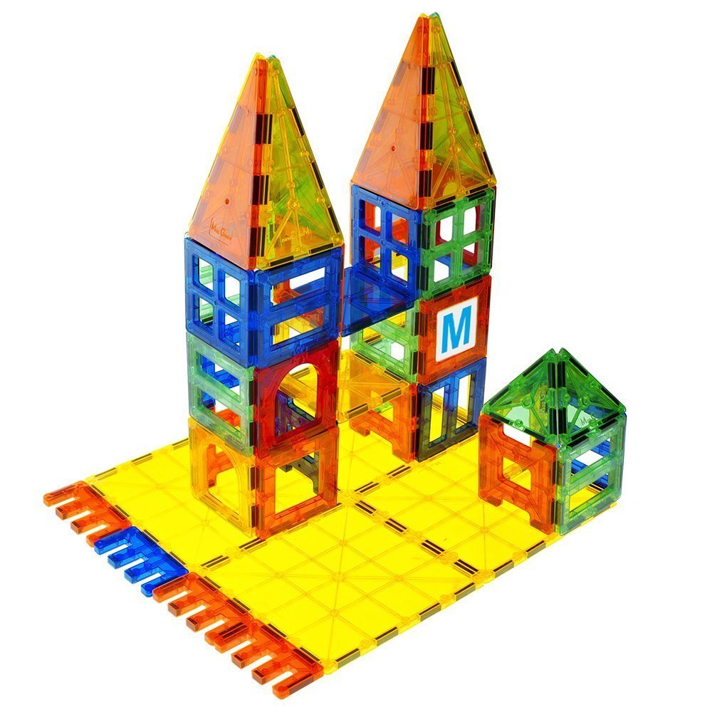 Mag Genius Magnet Tiles - Clear Magnetic 3D Building Blocks - Educational Toys, Games, Activities, Puzzles - Creativity, Motor Skills, Learning Shapes - Storage Bin, 2 Car Base, 120pcs, 13 Click-Ins
