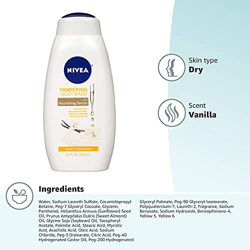 NIVEA Vanilla and Sweet Cream Pampering Body Wash with Nourishing Serum, 20 Fl Oz Bottle
