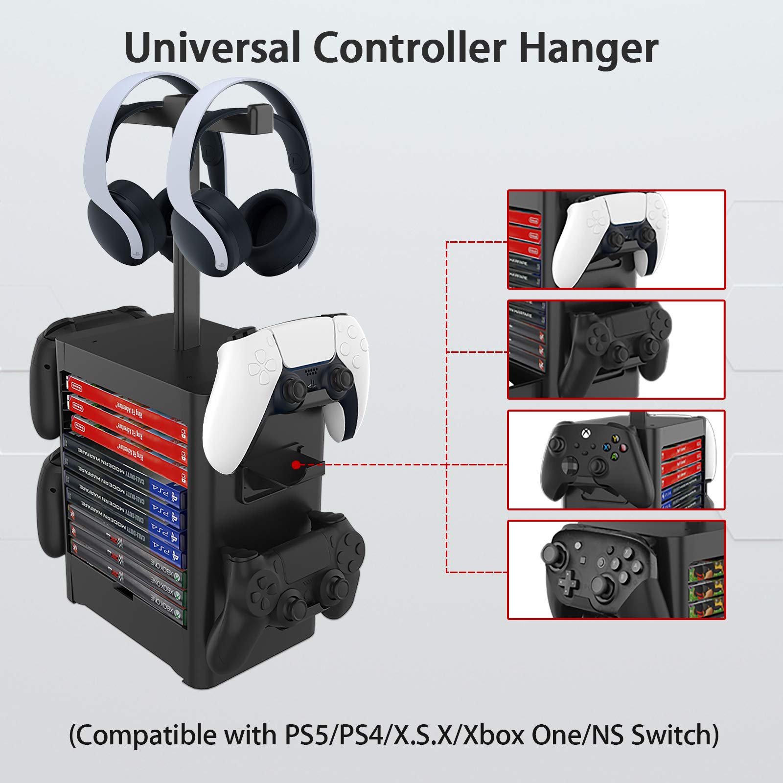 NexiGo Headset and Game Organizer (up to 10 Games) for PS5 PS4 PlayStation/Xbox Series S & X/Switch Accessories, Headphones, Game Discs, Joy Cons, DualSense, Controllers, Black
