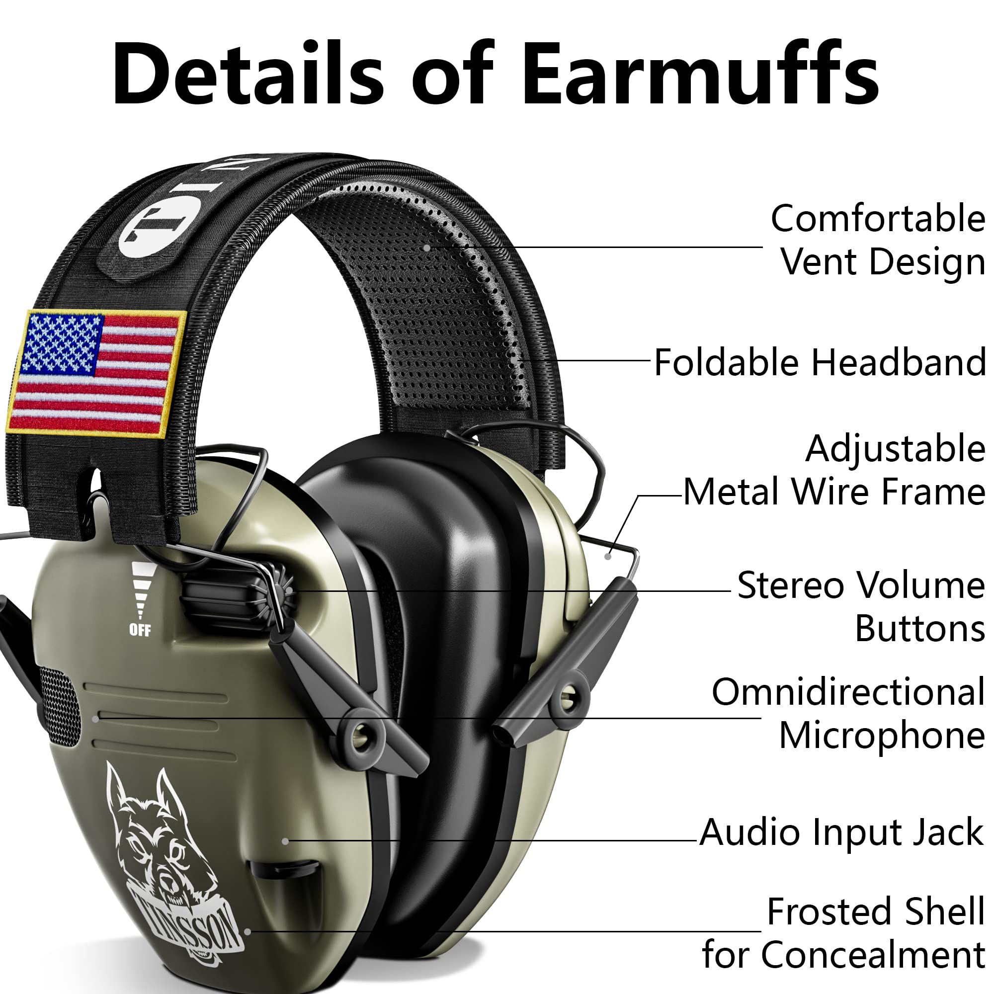 TINSSON NRR 23dB Shooting Ear Protection with US Flag Electronic Earmuffs for Hunting Noise Reduction Headphones Oliver
