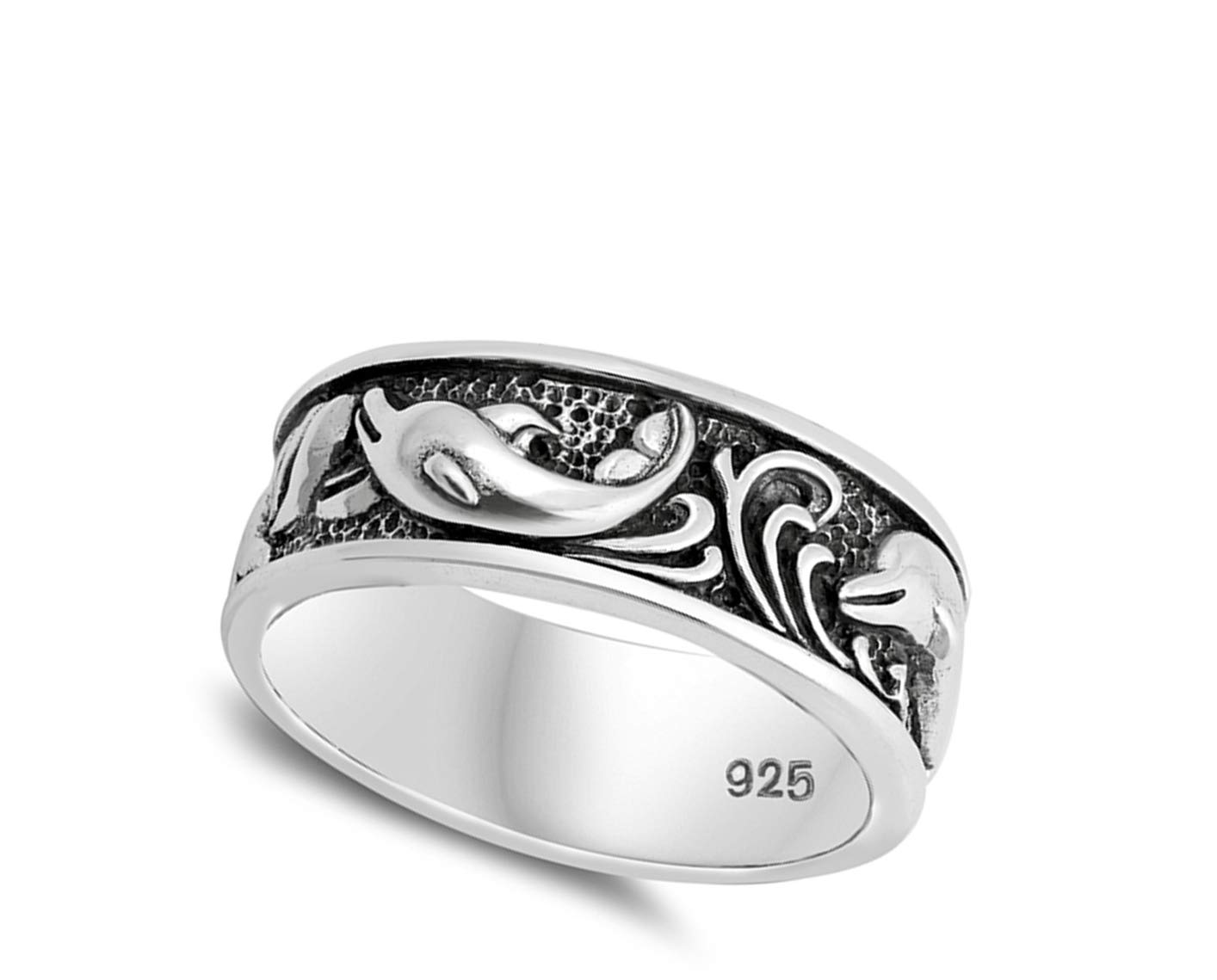 Oxidized Dolphin Wave Playing Animal Ring .925 Sterling Silver Band Size 12
