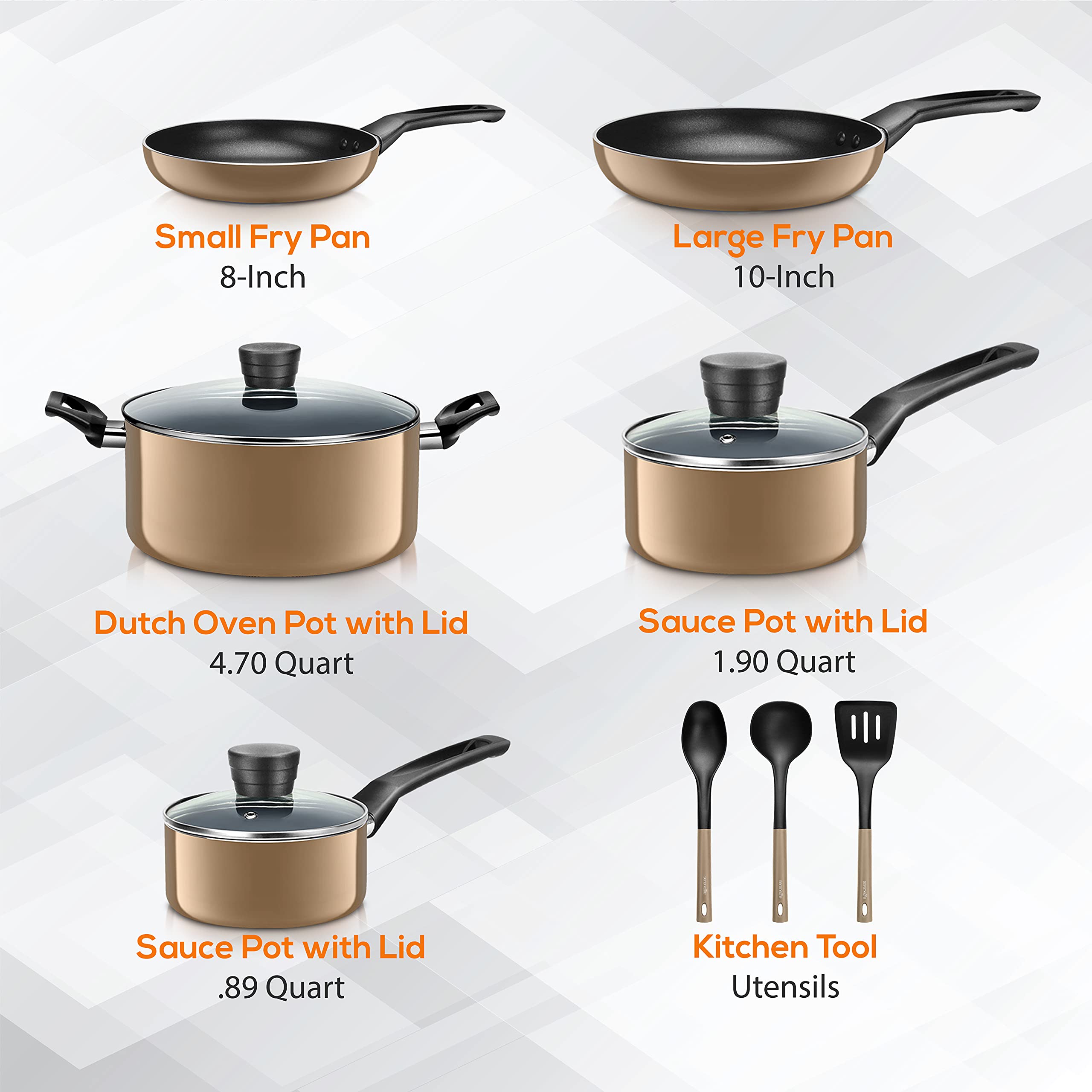 SereneLife Kitchenware Pots & Pans Basic Kitchen Cookware, Black Non-Stick Coating Inside, Heat Resistant Lacquer (11-Piece Set), One Size, Gold