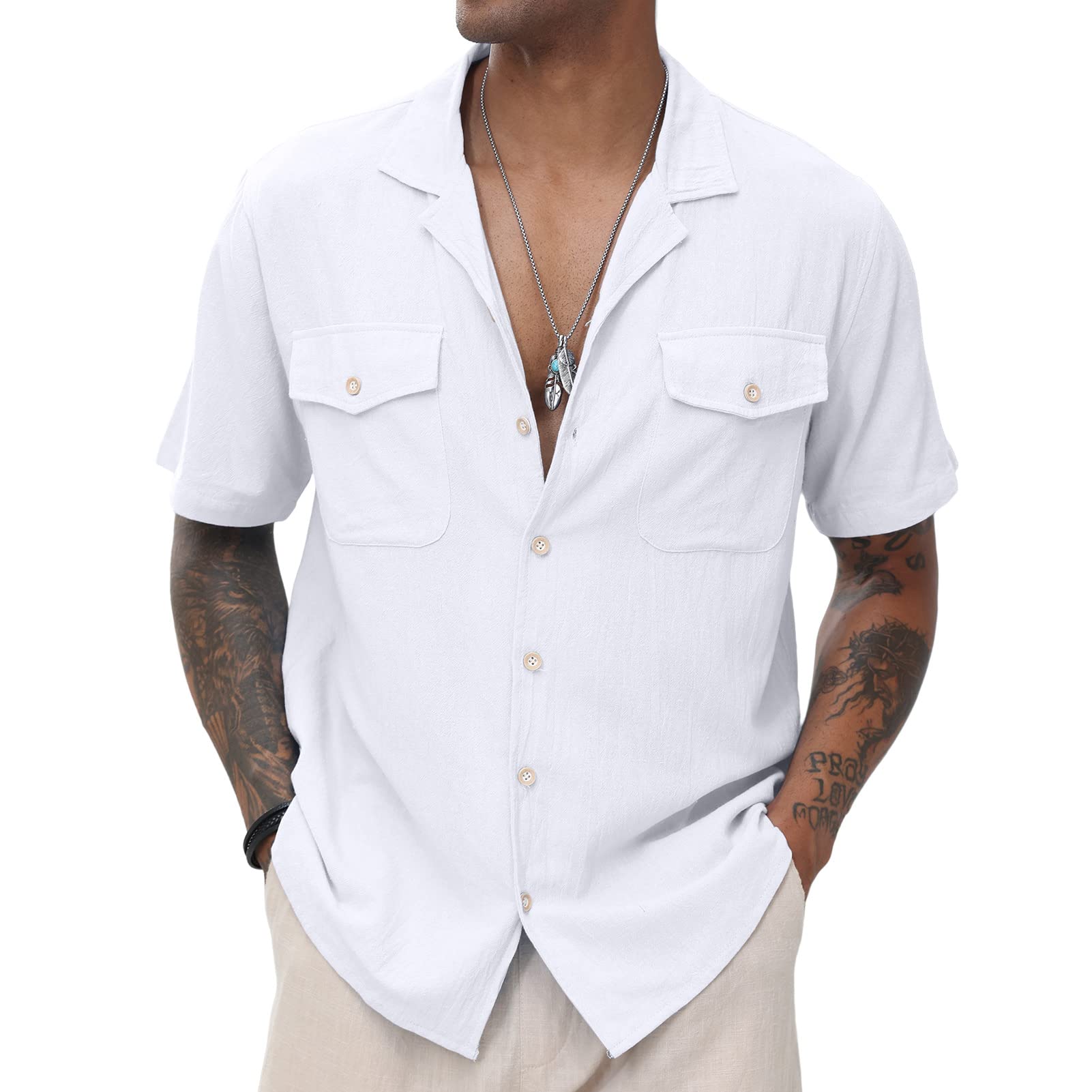 Men's Cuban Guayabera Linen Shirts Casual Short Sleeve Button Down Shirts Summer Beach Top with Pocket WHITE M