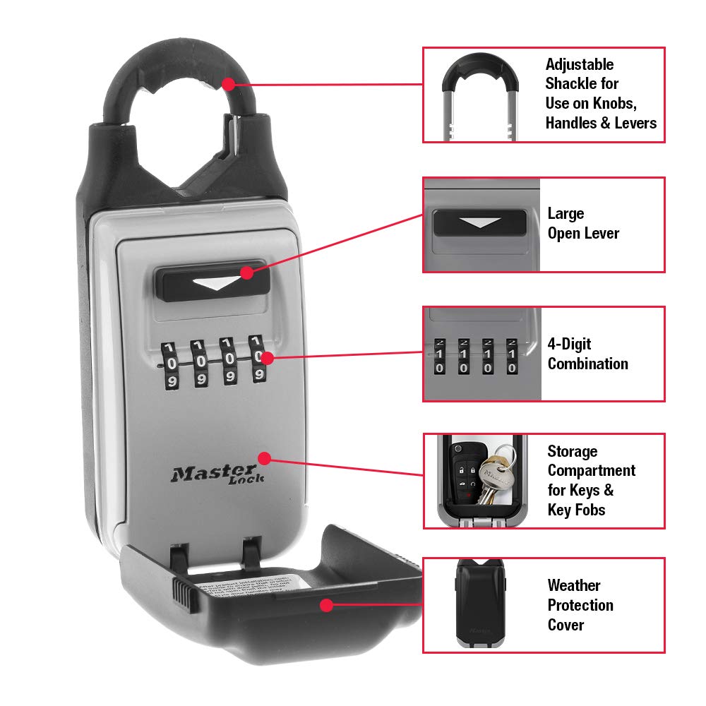 Master Lock Black Set Your Own Combination Portable Lock Box with Adjustable Shackle, House Key Lock Box for Realtors, Owners, 6 Key Capacity, 5420EC