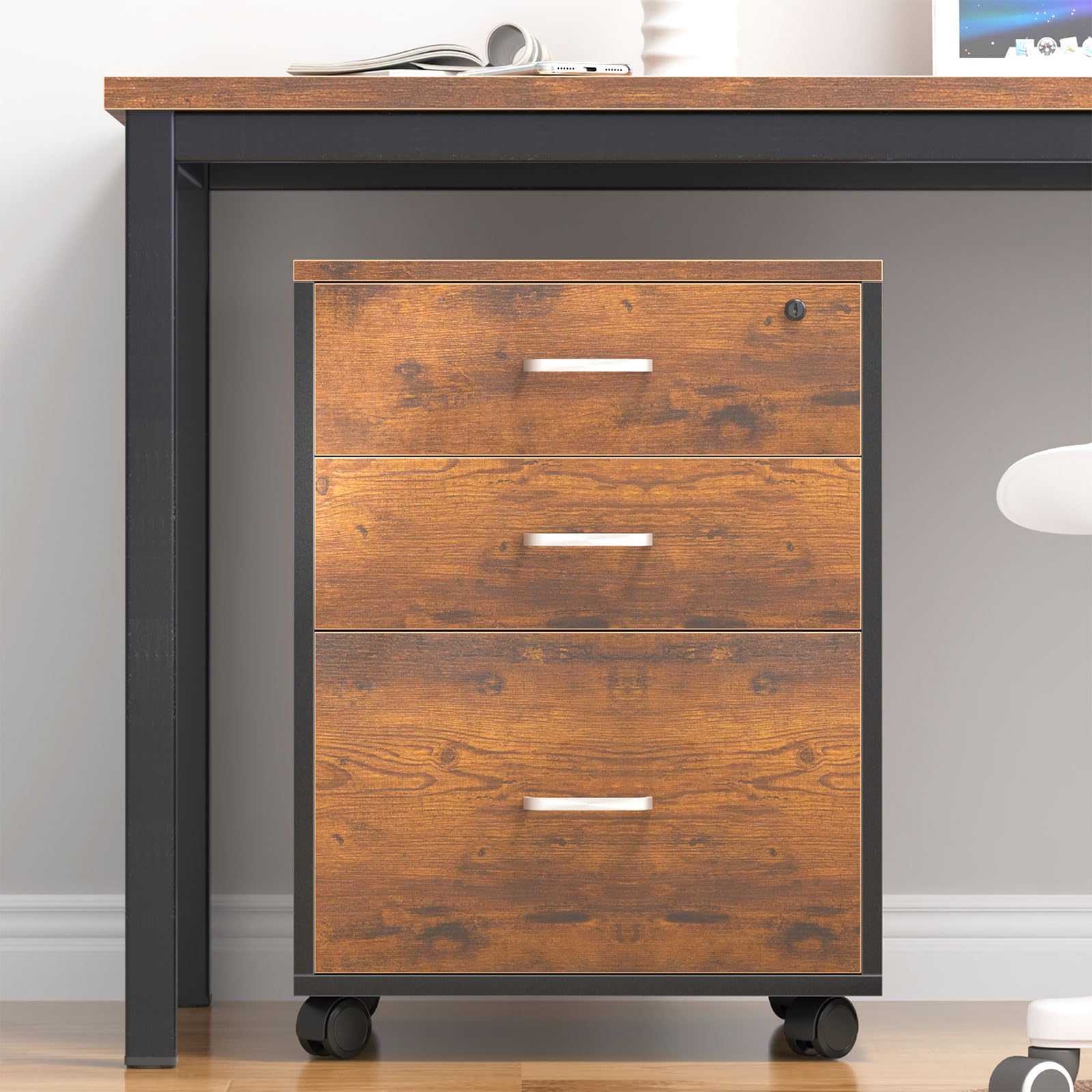 Need 3 Drawer Wood Mobile File Cabinet with Lock,Rolling Filing Cabinet for Letter/A4 Size for Home Office,Rustic Brown 10CZSSFC04FG-ND