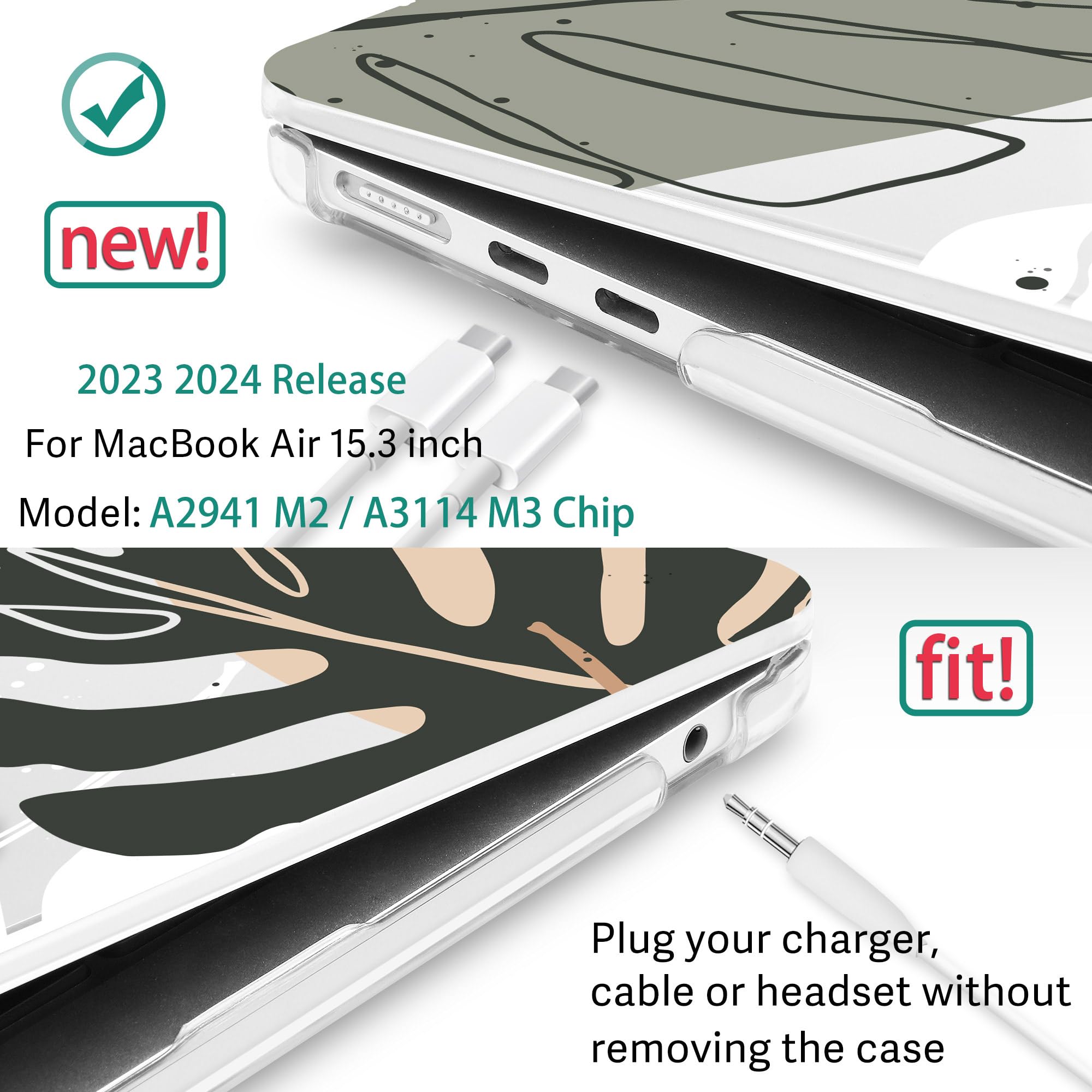 May Chen Compatible with MacBook Air 15 Inch Case Model A2941 M2 A3114 M3 Chip 2023 2024 Release, Protective Cover Laptop Hard Case with Keyboard cover, Abstract Leaves