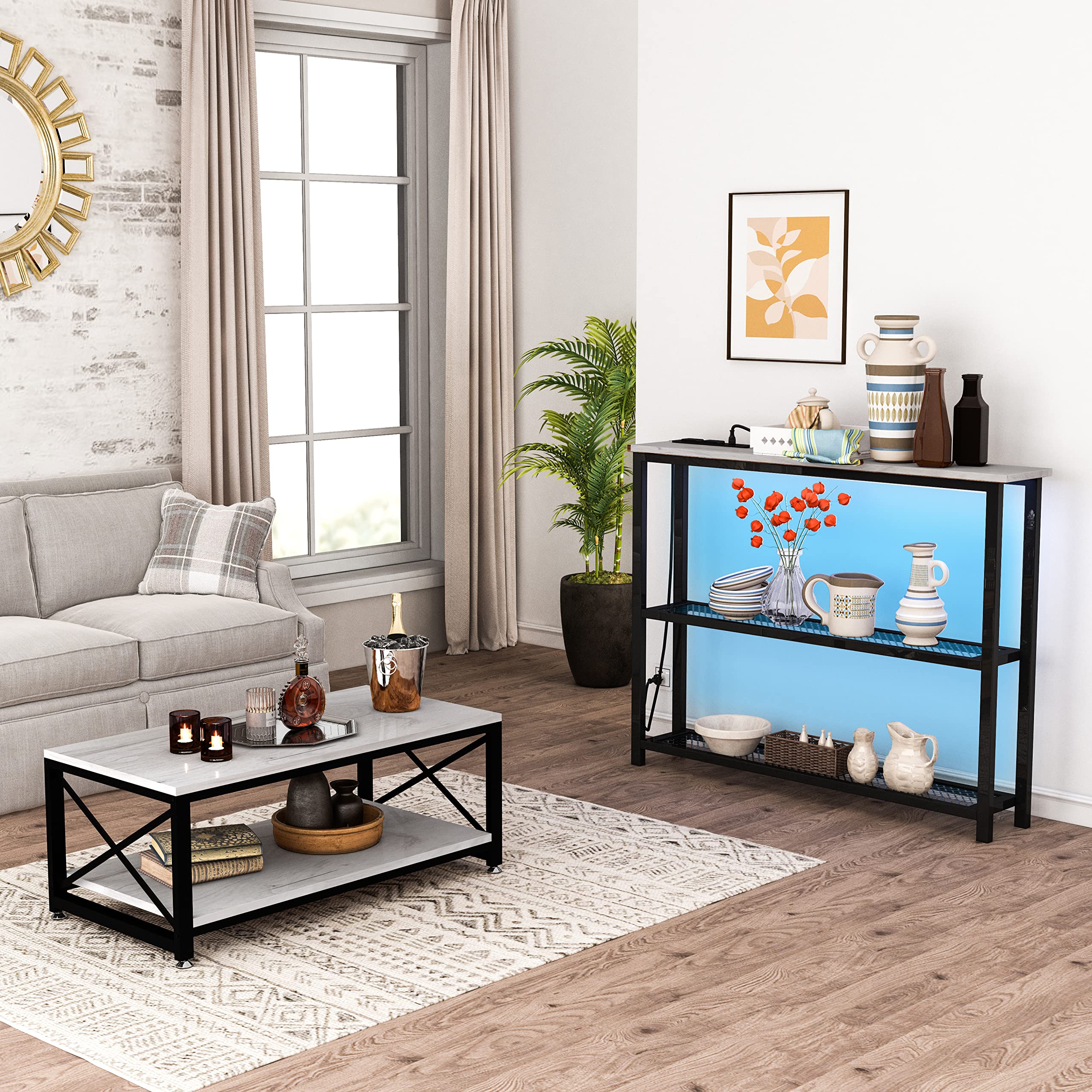 Lvrunben LED Console Table with 2 USB Ports, Multi-Coloured Lights Entryway Storage Shelf with 2 Power Outlets, Living Room Narrow Sofa Accent Table for Hallway, Farmhouse
