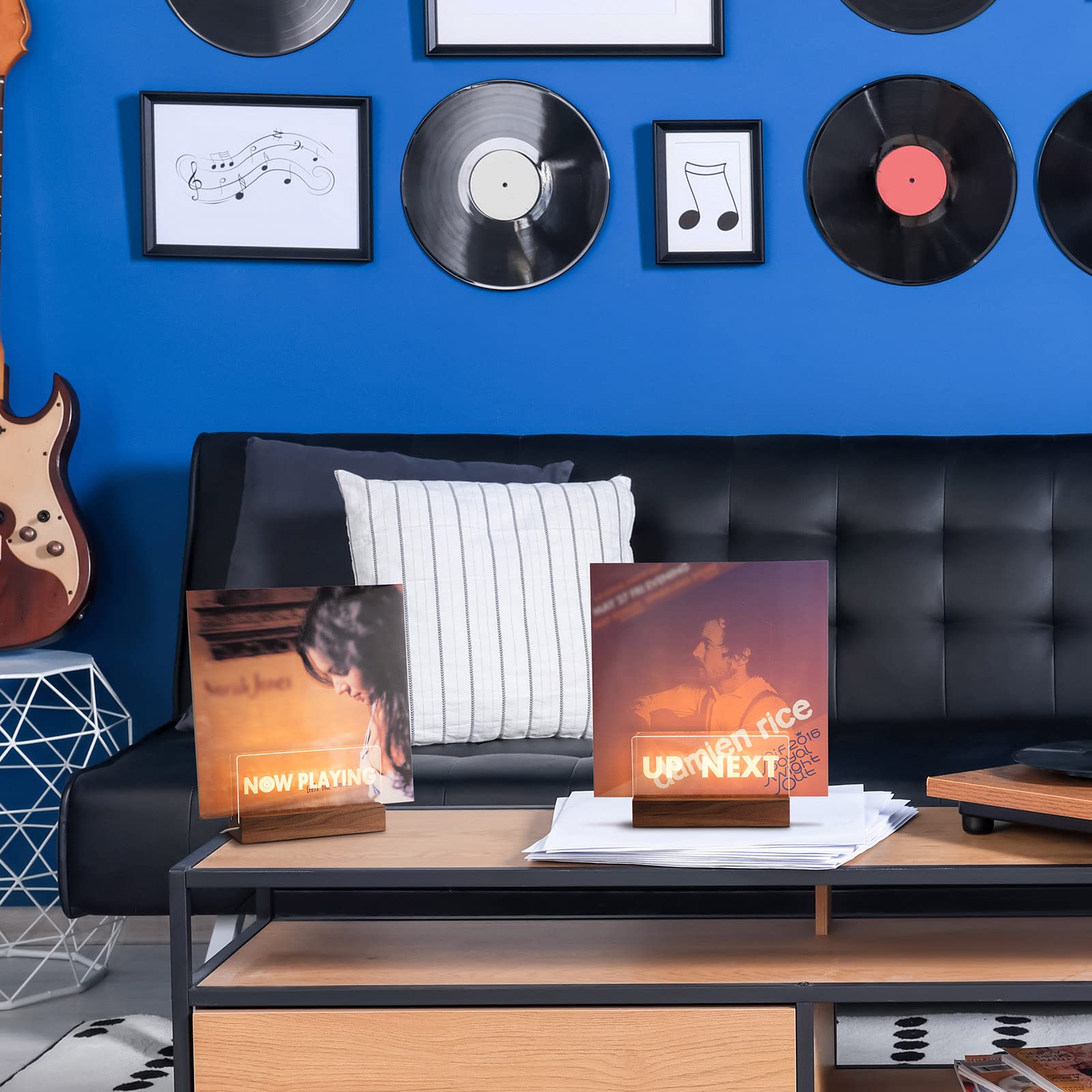 Marsui 2 Pieces Now Playing Vinyl Record Stand with LED Light Vinyl Record Holder up Next Record Display Stand Wooden Rack with Acrylic Panel Tabletop Record Stand Display for Vinyl Record