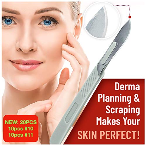 MedHelp Disposable Scalpels #10 + 11 β Box of 20 Disposable Dermaplaning Blades with Plastic Handle, Scalpel Blades, High Carbon Steel Dermablade Blades Individually Wrapped Sterile