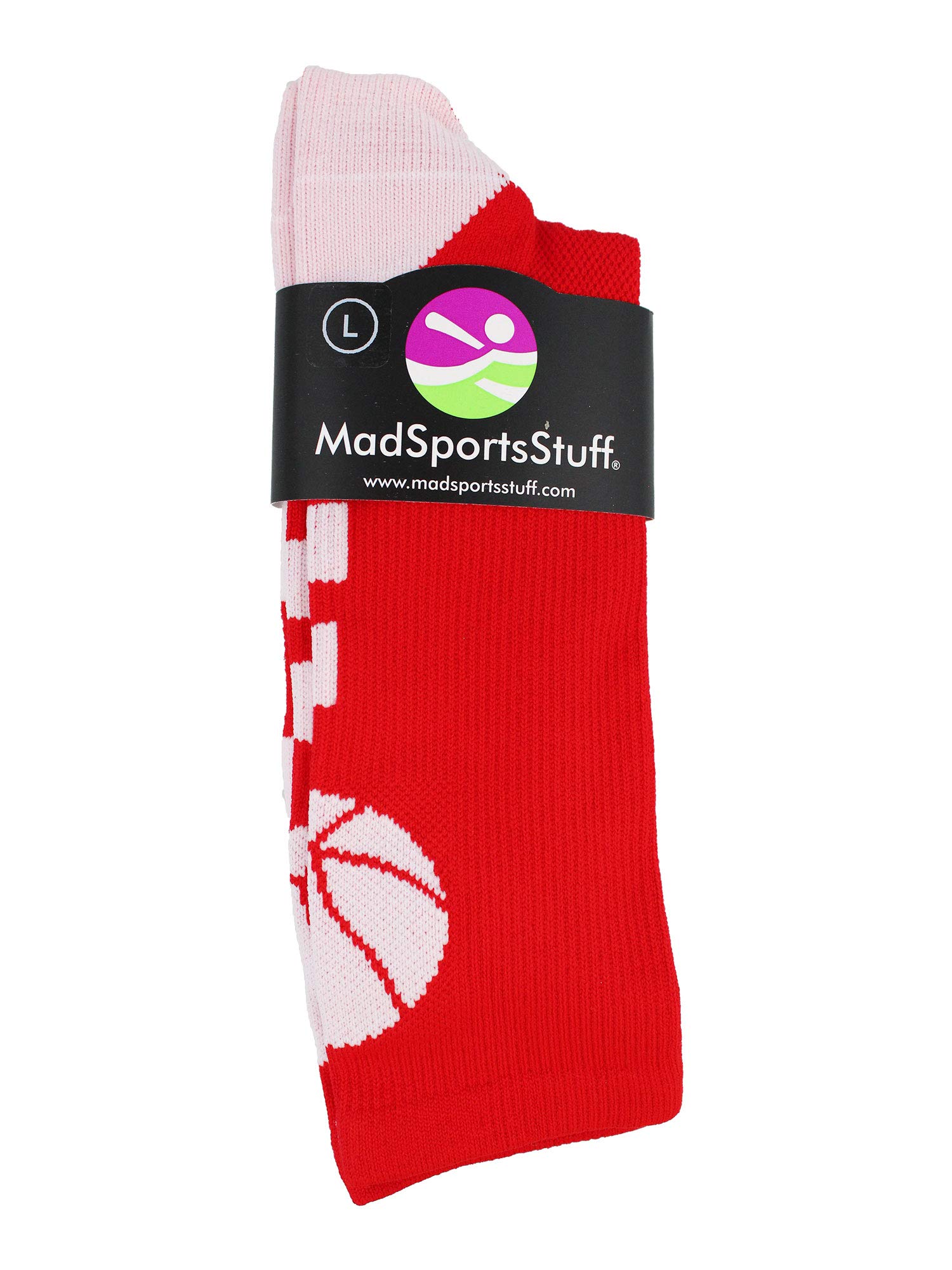 MadSportsStuff Basketball Socks with Basketball Logo Crew Socks (Scarlet/White, X-Large)