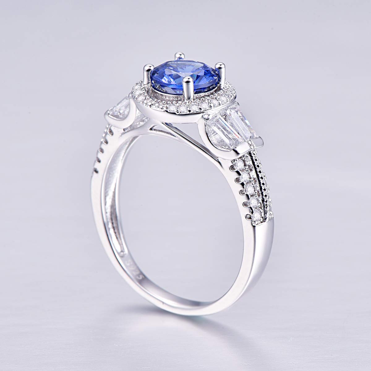 Pakula 925 Sterling Silver Ring Split Shank Band 7x7mm Round Simulated Tanzanite CZ Halo Ring for Women Size 8