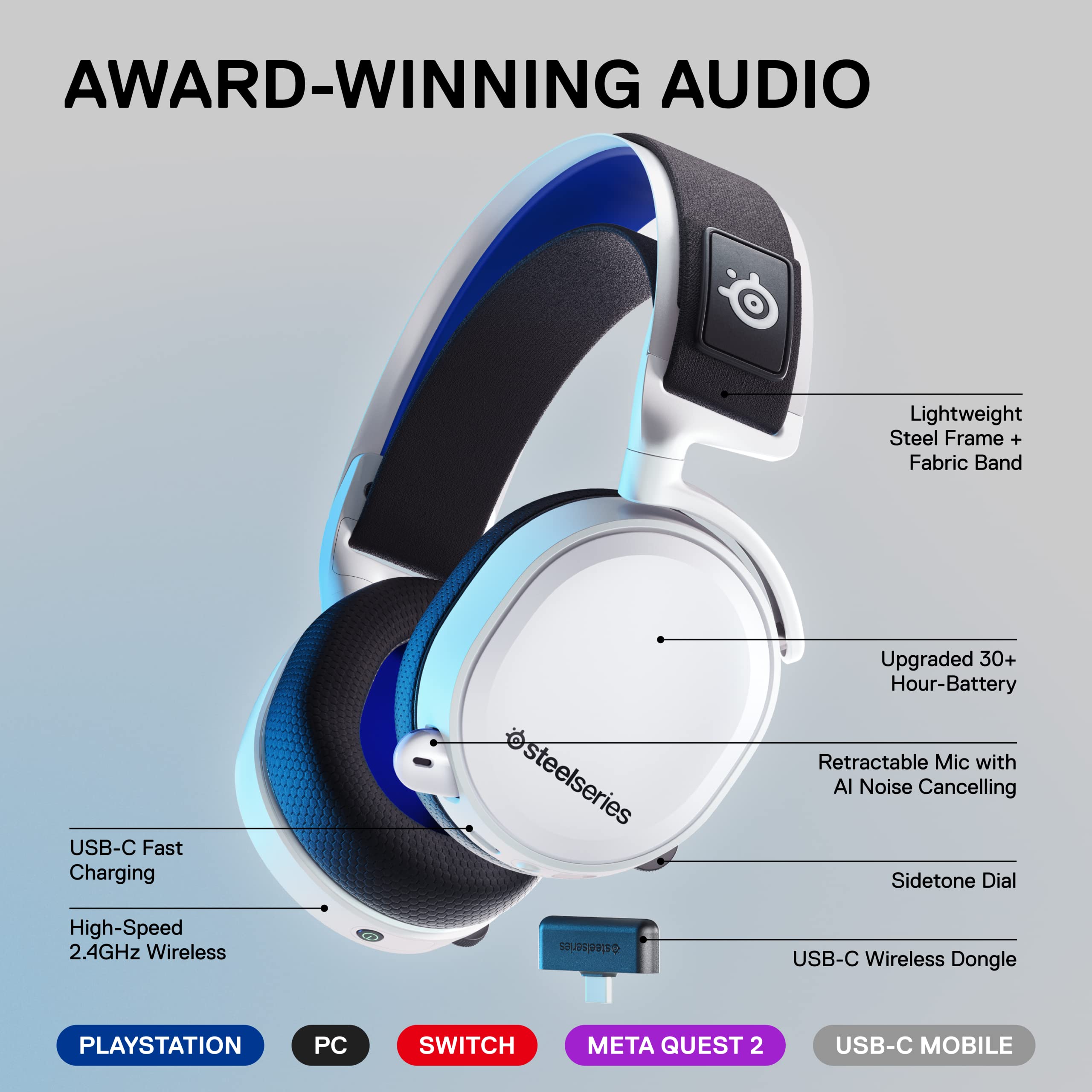 SteelSeries Arctis 7P+ Wireless Gaming Headset with Noise Cancelling Microphone for PS4, PS5 and PC - White (Renewed)