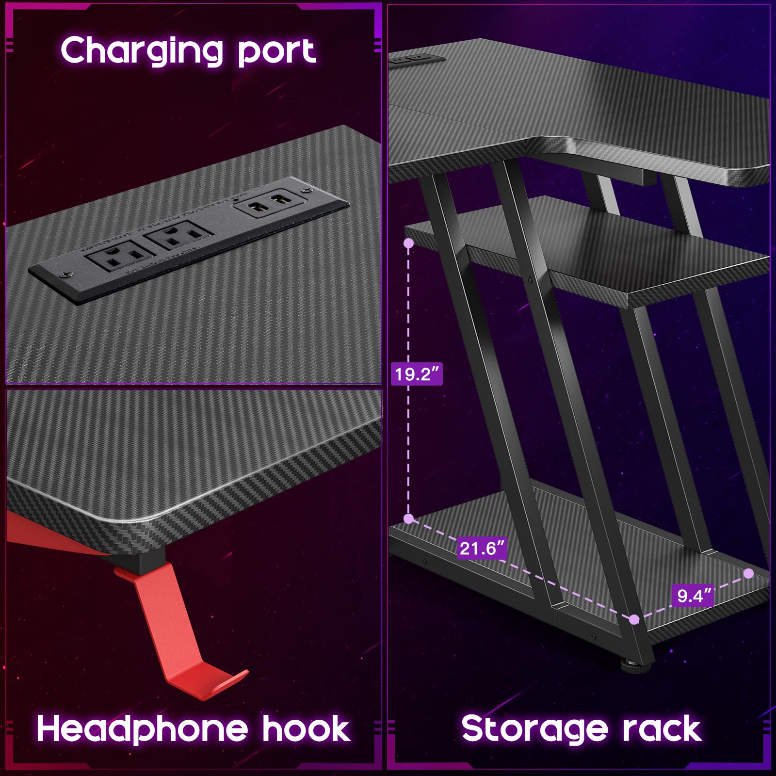 MOTPK L Shaped Gaming Desk with Led Lights, Small Corner Gaming Desk with Storage Shelf & Power Outlets, Computer Desk with Carbon Fiber Texture, 47 Inch, Black