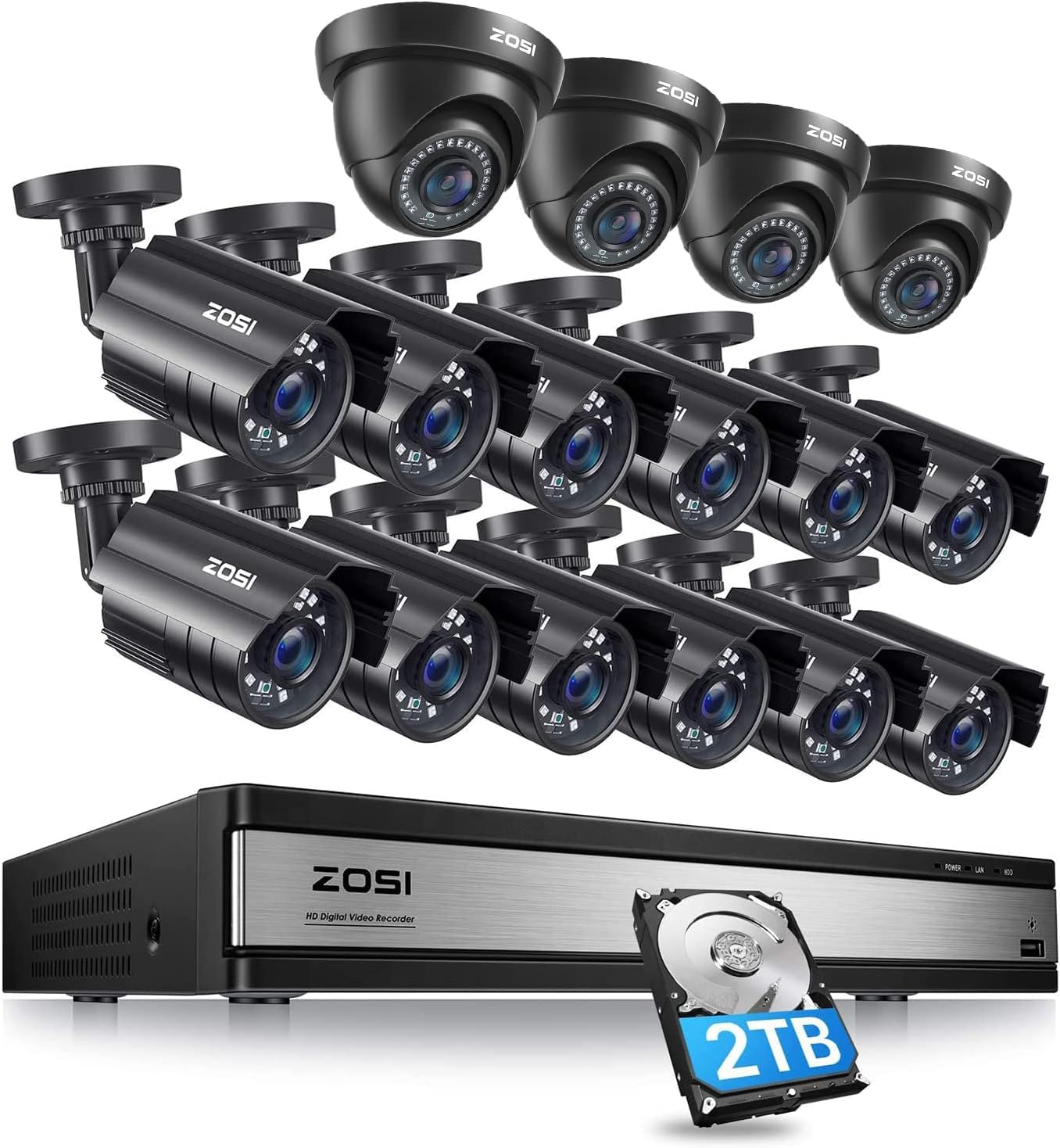 ZOSI 1080p 16 Channel Security Camera System with 2TB HDD, 16PCS 2MP 1080P Weatherproof Surveillance Camera, 16CH H.265+ HD-TVI 1080p CCTV DVR,80ft Night Vision,Motion Detection