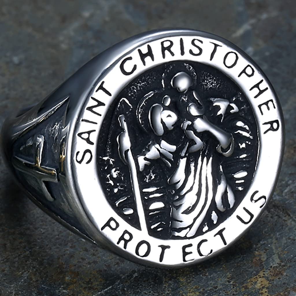 Retro Vintage Stainless Steel Saint Christopher Protect Us Cross Religious Catholic Round Signet Ring (Silver, 14)