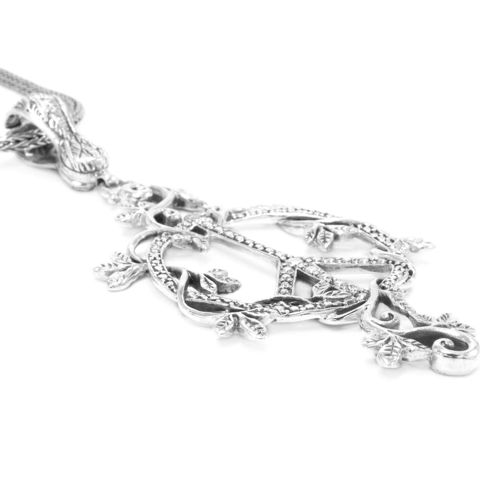 SARDA - .925 Sterling Silver Flat Jawan & Leaves Openwork Peace Promise 3-5/8" x 1-5/8" Enhancer Pendant - Handmade by Bali Artisans