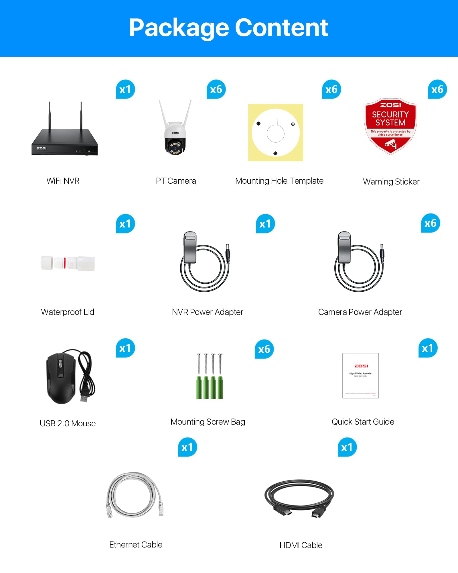ZOSI 2K PTZ Wireless Security Camera System,6pcs 3MP Pan/Tilt Cameras Outdoor Indoor,8CH 3MP WiFi Surveillance NVR with 1TB HDD,Night Vision,Spotlight & Siren,AI Human Detection,for 24/7 Recording