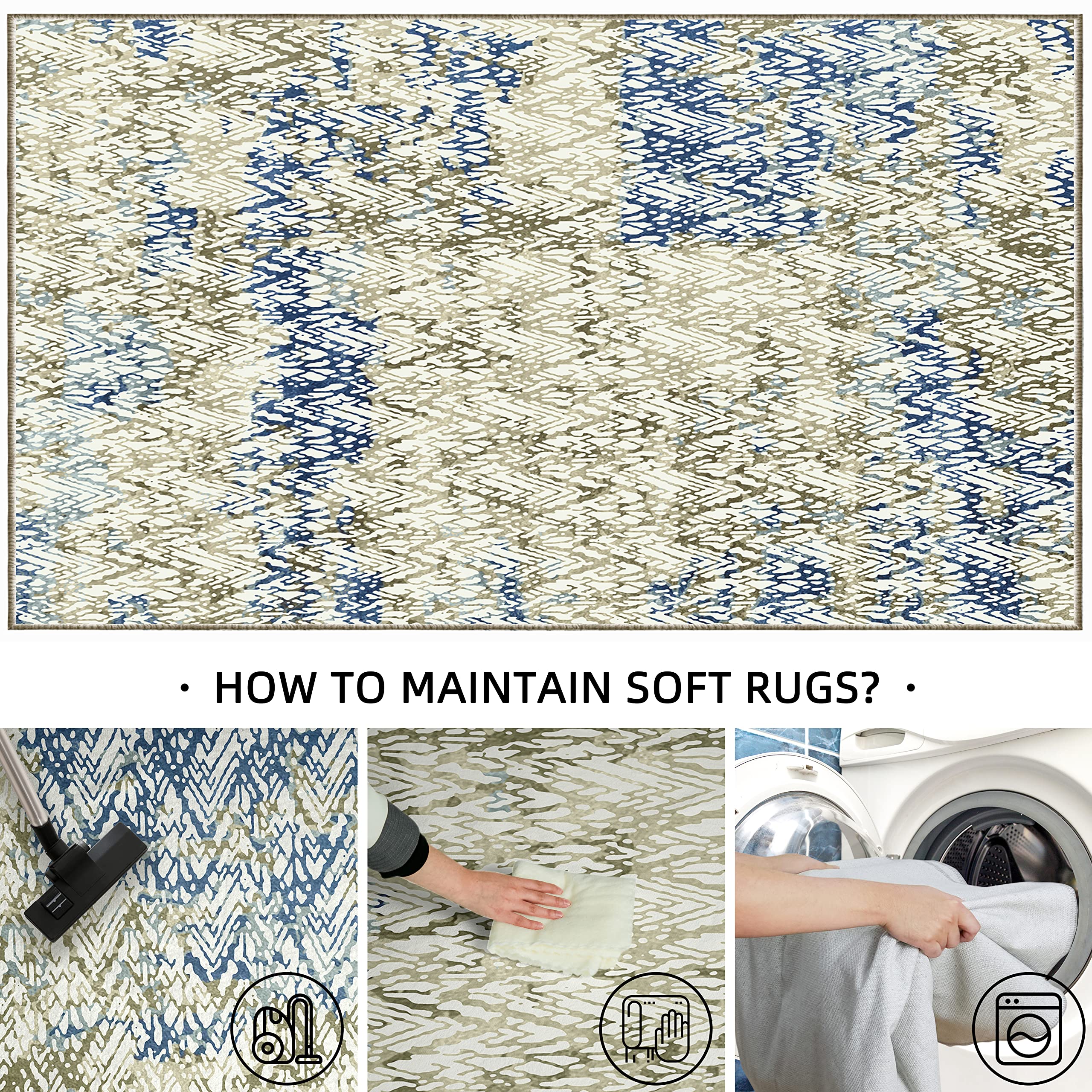 Modern Abstract Area Rug Beige Blue Geometric Distressed Comfort Bedside Rugs Stain Shedding Resistant Large Floor Carpet for Living Room Dining Bedroom,Machine Washable,8x10 Feet,Rectangle