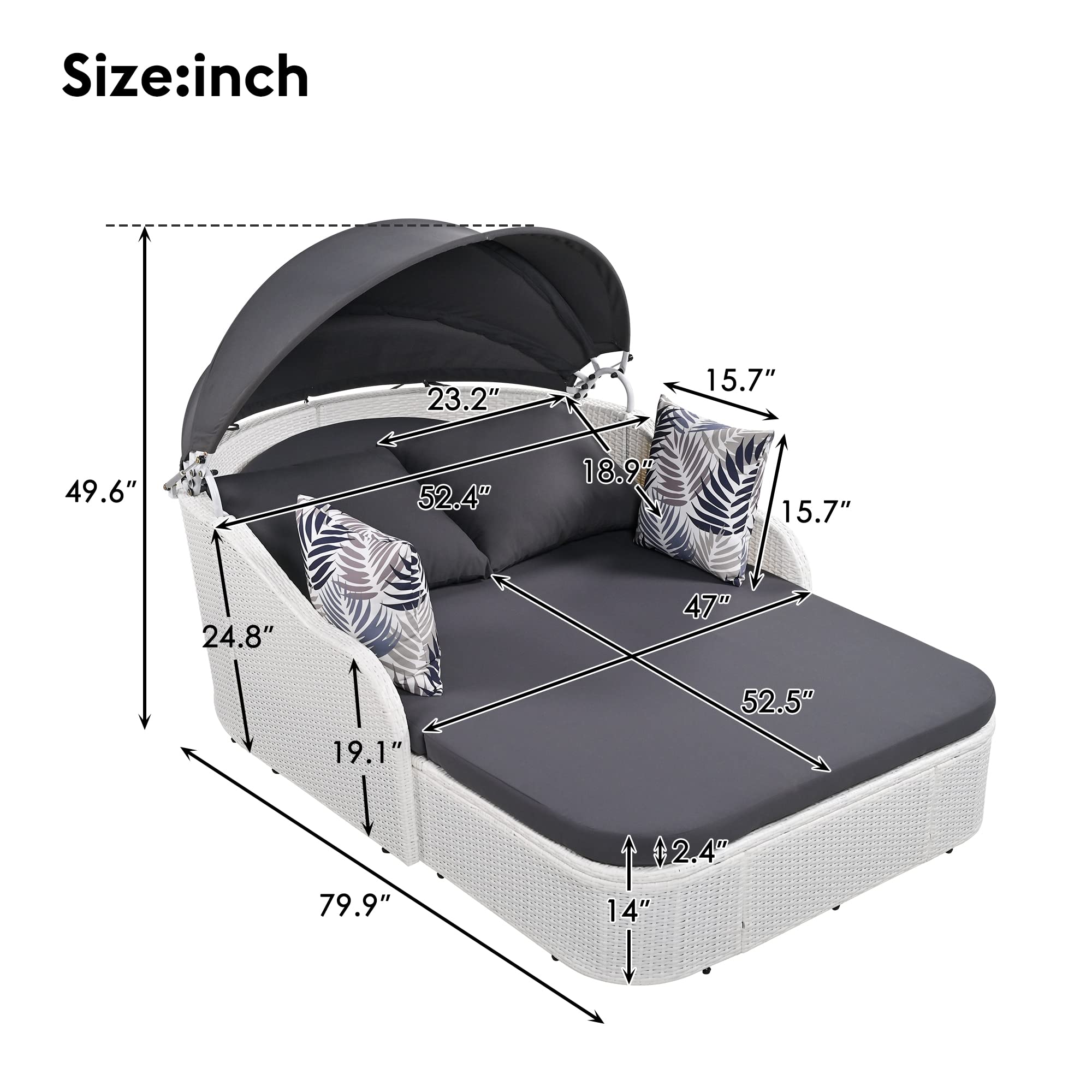 Merax Patio Furniture Sets, Outdoor Sunbed with Adjustable Canopy, Double Lounge, PE Rattan Daybed, White+Gray