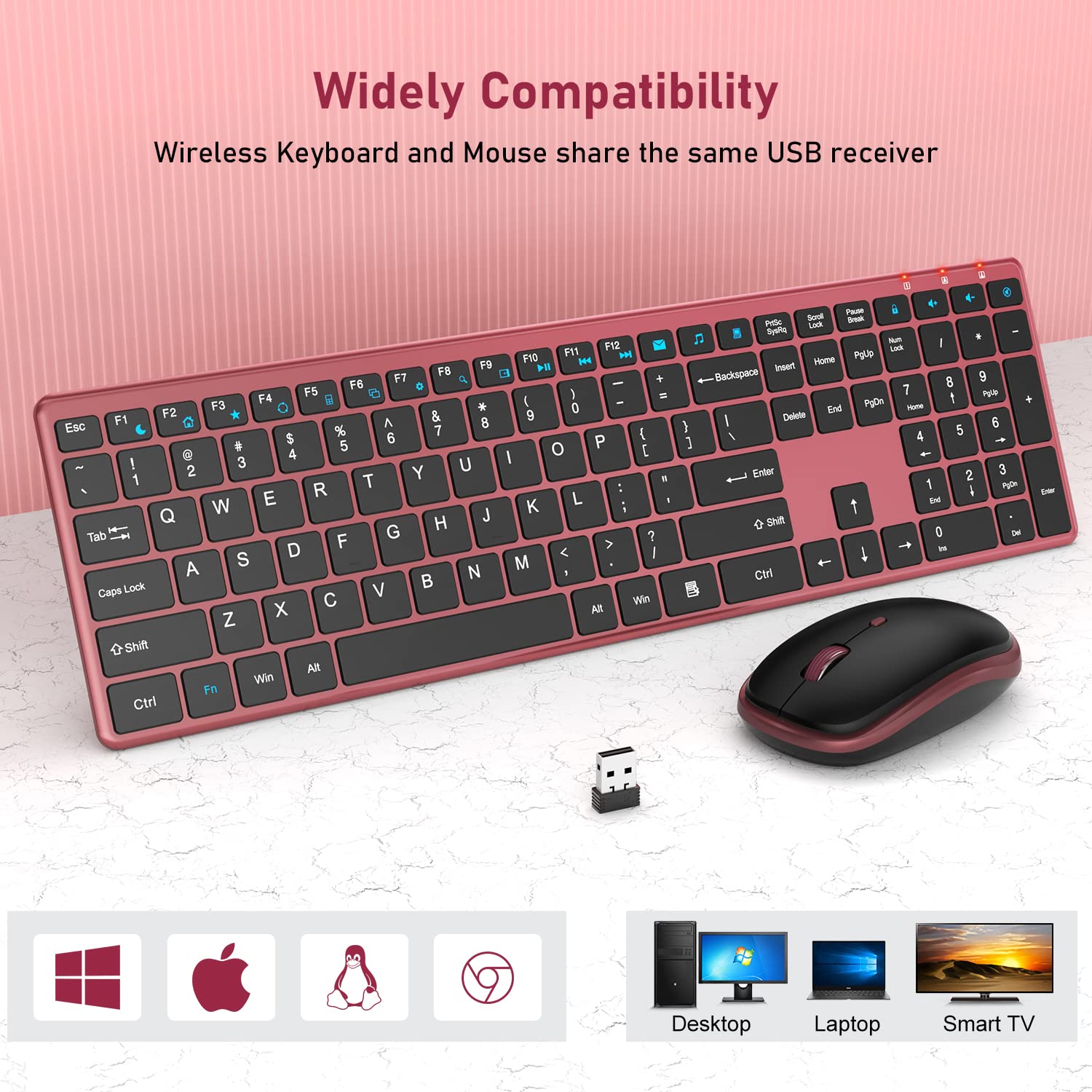 Wireless Keyboard and Mouse, Super Slim Keyboard with Responsive Keys, Silent Mouse and 2.4GHz USB Receiver, Battery Powered Full Size Cordless Combo for Mac, Computer, PC, Chromebook (Wine Red)