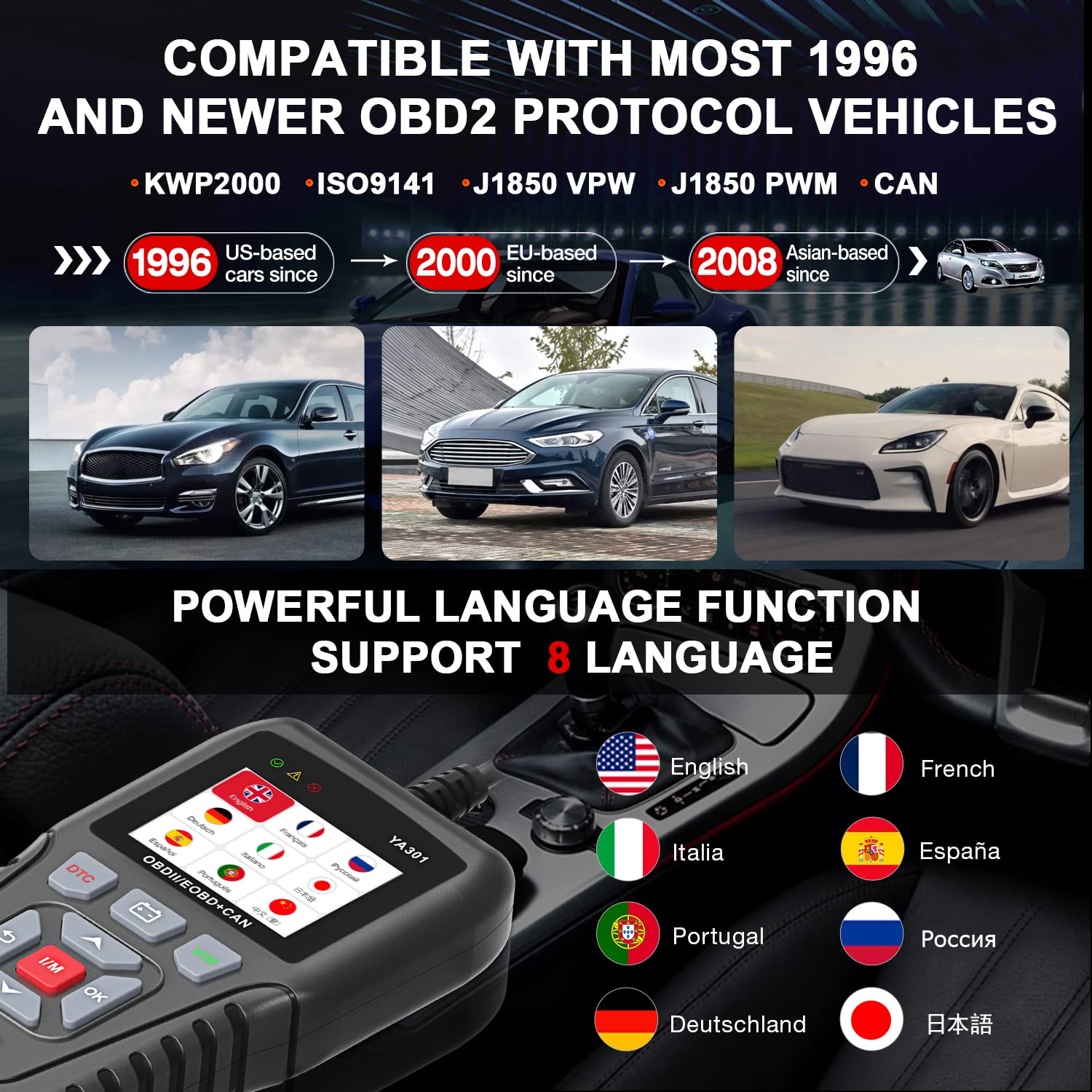 OBD2 Scanner,Car Code Reader Check Engine Light Auto OBD-II CAN Diagnostic Scan Tool with Live Data,10 OBDII Test Modes, Lifetime Free Upgrade (YA-301). Black