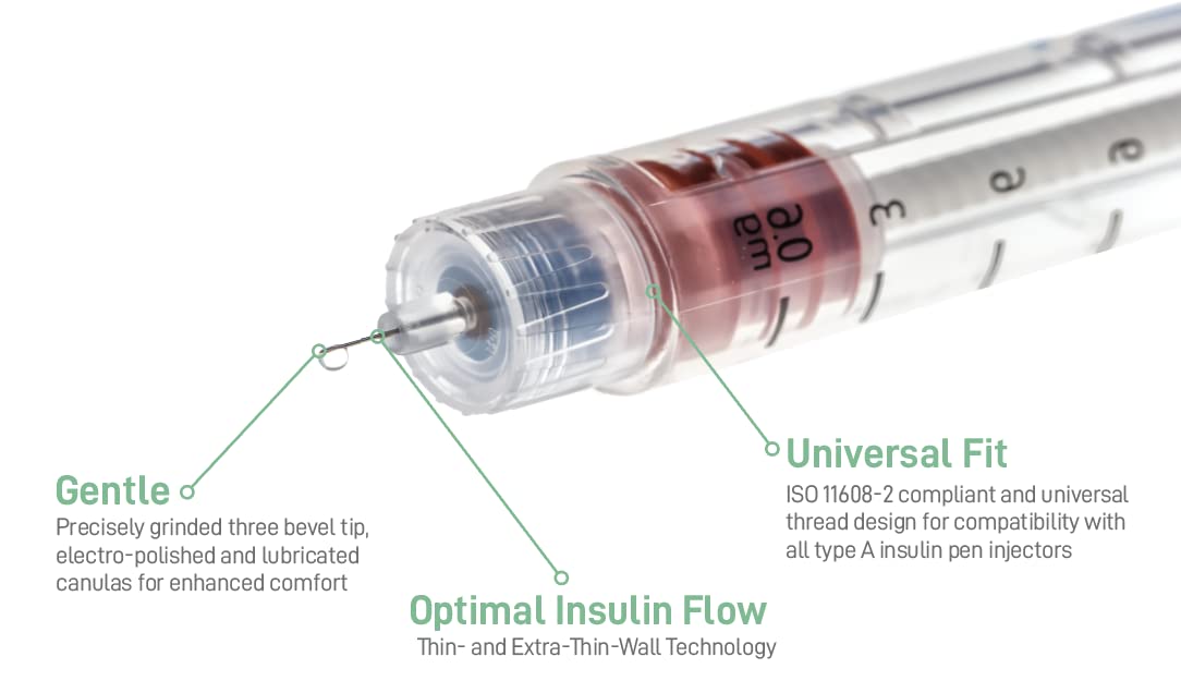 MediVena ONE-CARE Pen Needles 32G x 4 mm (5/32ββ), 100/bx, Ultra-Thin for Comfortable Insulin Injection