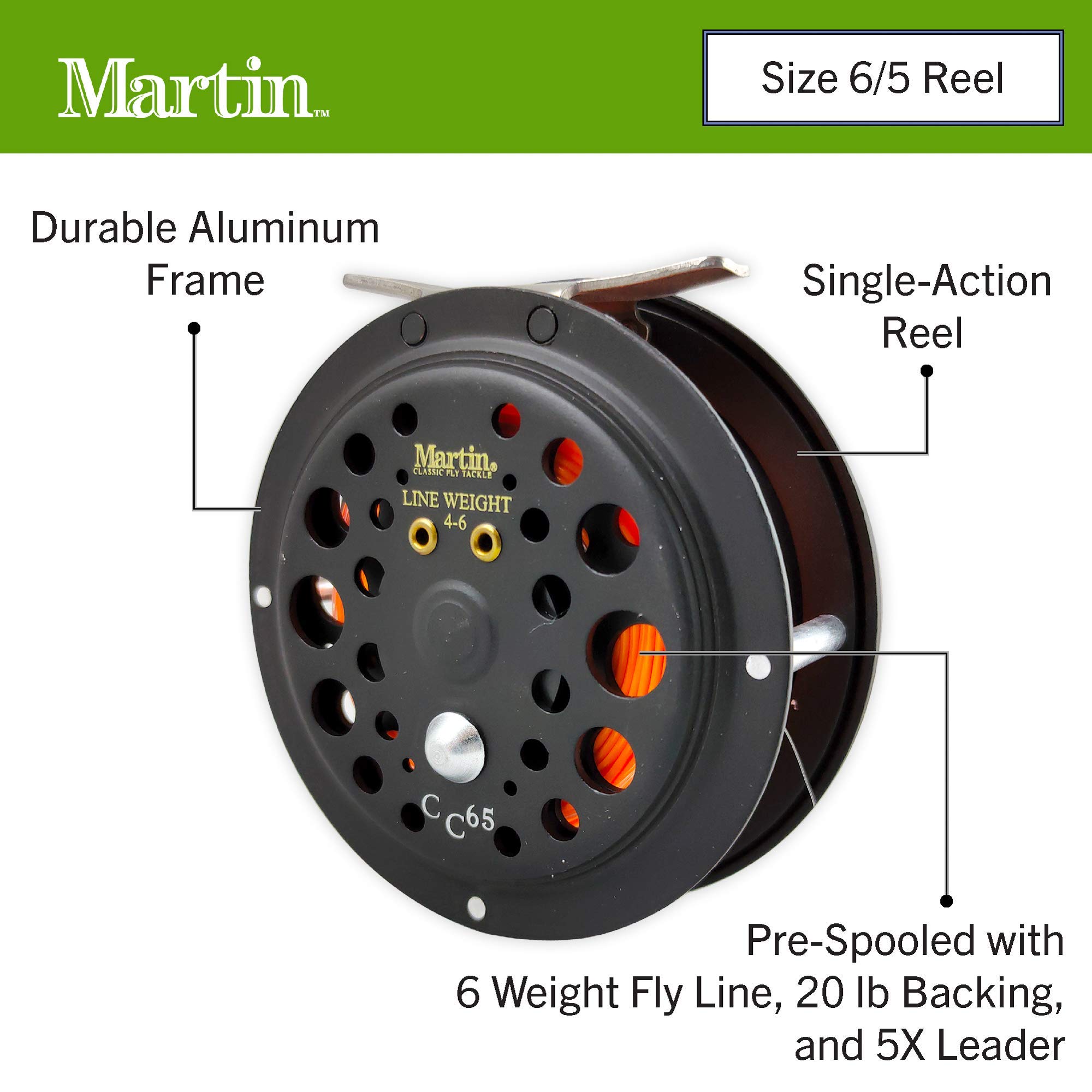Martin Caddis Creek Fly Fishing Reel, Size 6/5 Single Action Fly Reel with Rim-Control, Changeable Right- or Left-Hand Retrieve, Lightweight Aluminum Spool, Brown, 63