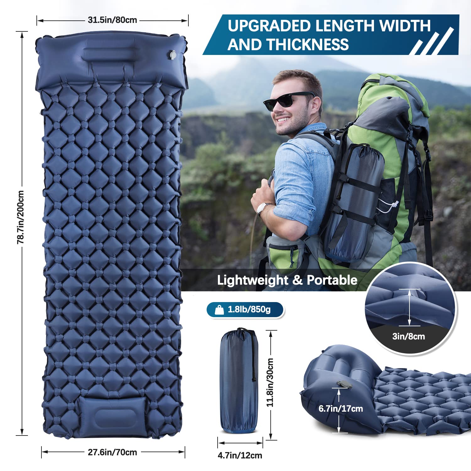 RealPero Inflatable Sleeping Pad - Ultralight Extra Wide Sleeping Mat with Pillow Foot Pump Waterproof Outdoor Portable Thick Air Mattress for Camping, Backpacking, Traveling, Hiking ,Tent ,Navy Blue