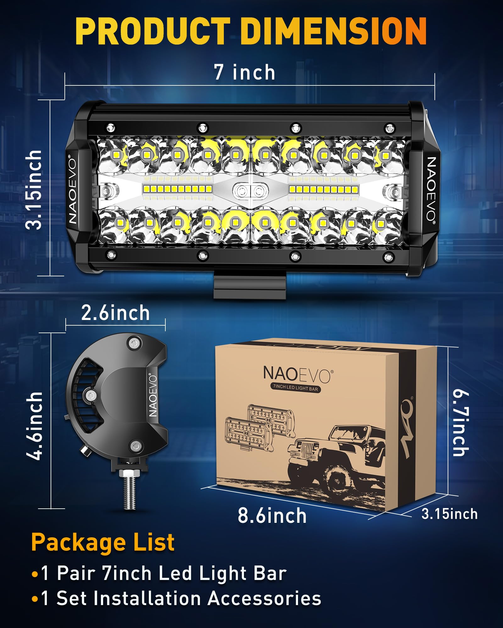NAOEVO 7 Inch LED Light Bar, LED Off Road/Fog/Driving Lights LED Pods with Spot Flood Combo, LED Work Lights for Truck Boat UTV ATV, 2-Pack (White)