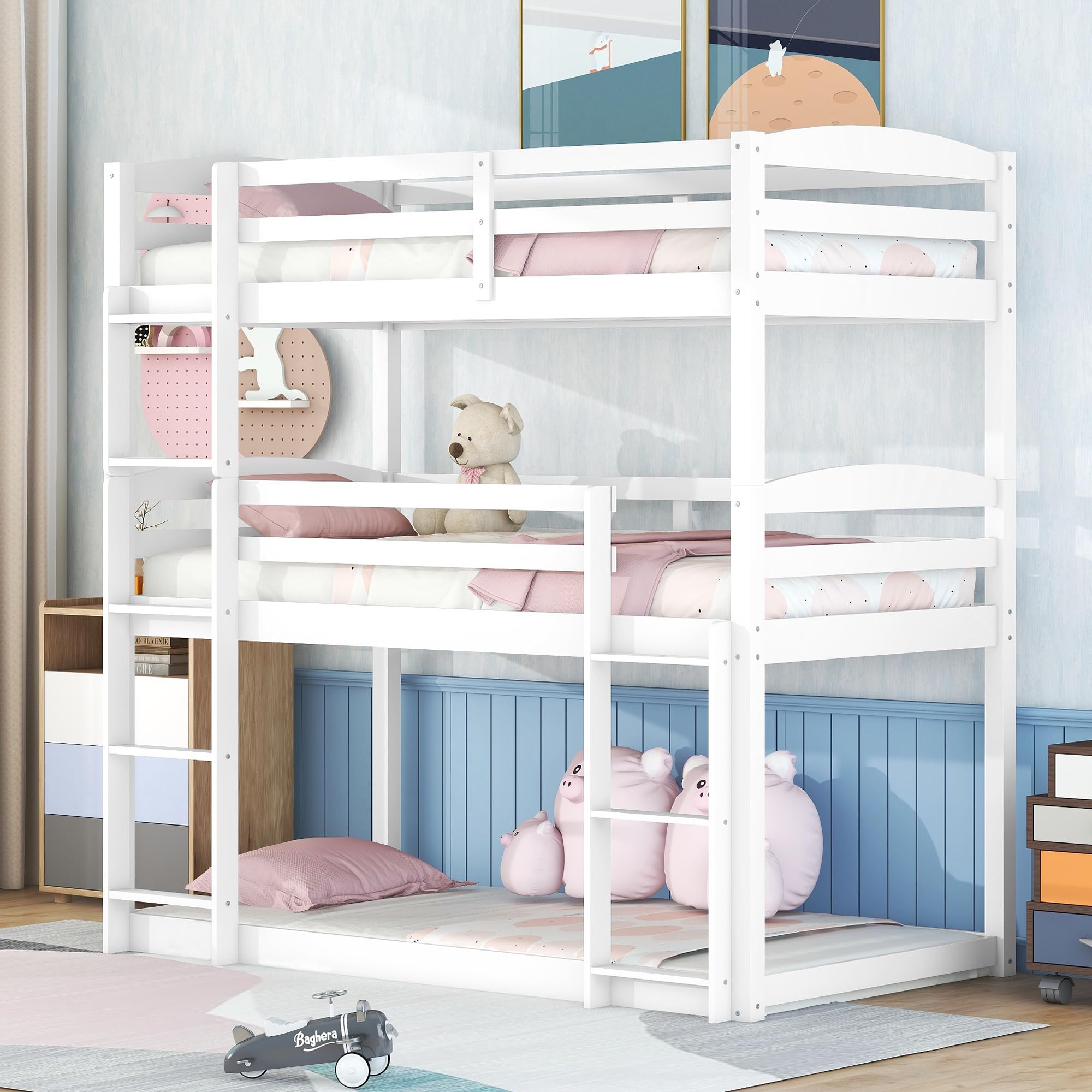Merax Twin Triple Bunk Bed with Ladders, No Box Spring Needed,for Bedroom and Guestroom, Easily Convertible into One Twin Bed and One Twin over Twin Loft Bed, White