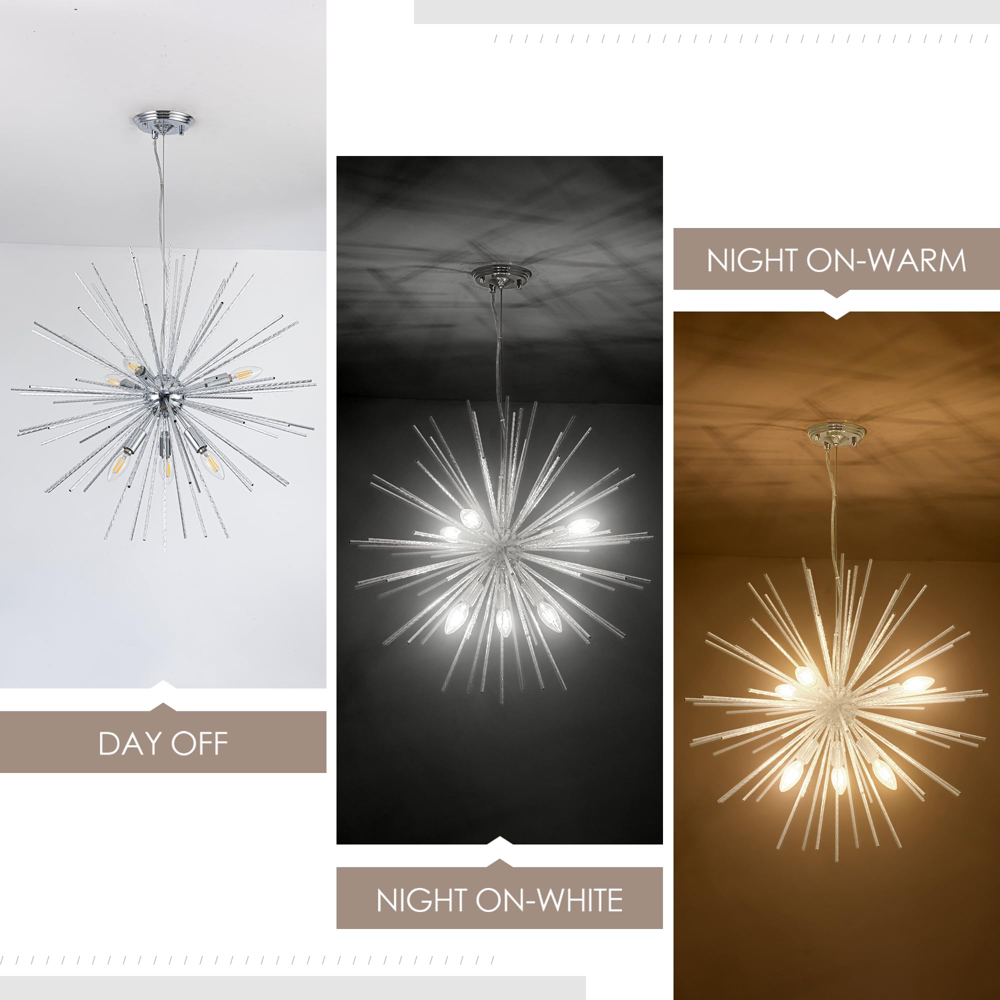 Modern Chrome Sputnik Chandeliers,6-Light Starburst Firework Ceiling Lights Dining Room Chandelier Light Fixture for Living Room, Bedroom, Kitchen, Entryway, Foyer,Dia 25",E12 Sockets