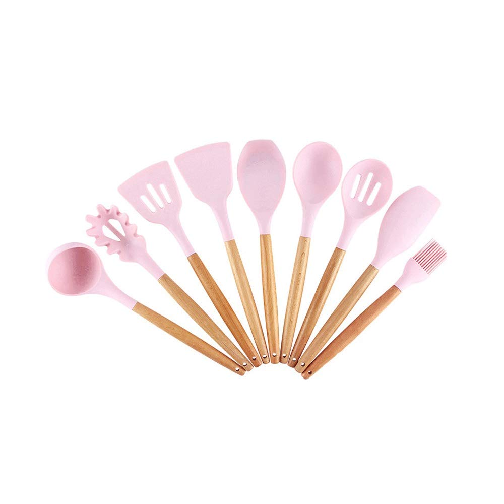 LMMDP Silicone Kitchen Tools Set Cooking Tools Utensils Set Spatula Shovel Soup Spoon with Wooden Handle Special Heat-resistant Design
