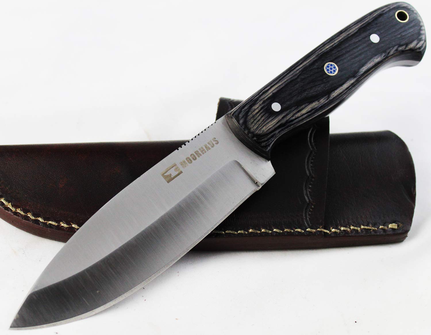 Moorhaus Full Tang Bushcraft Knife - Black & Blue Wood Handle - Handmade Good for Camping/Hunting/Skinning - Fixed Blade Knife Includes Leather Sheath