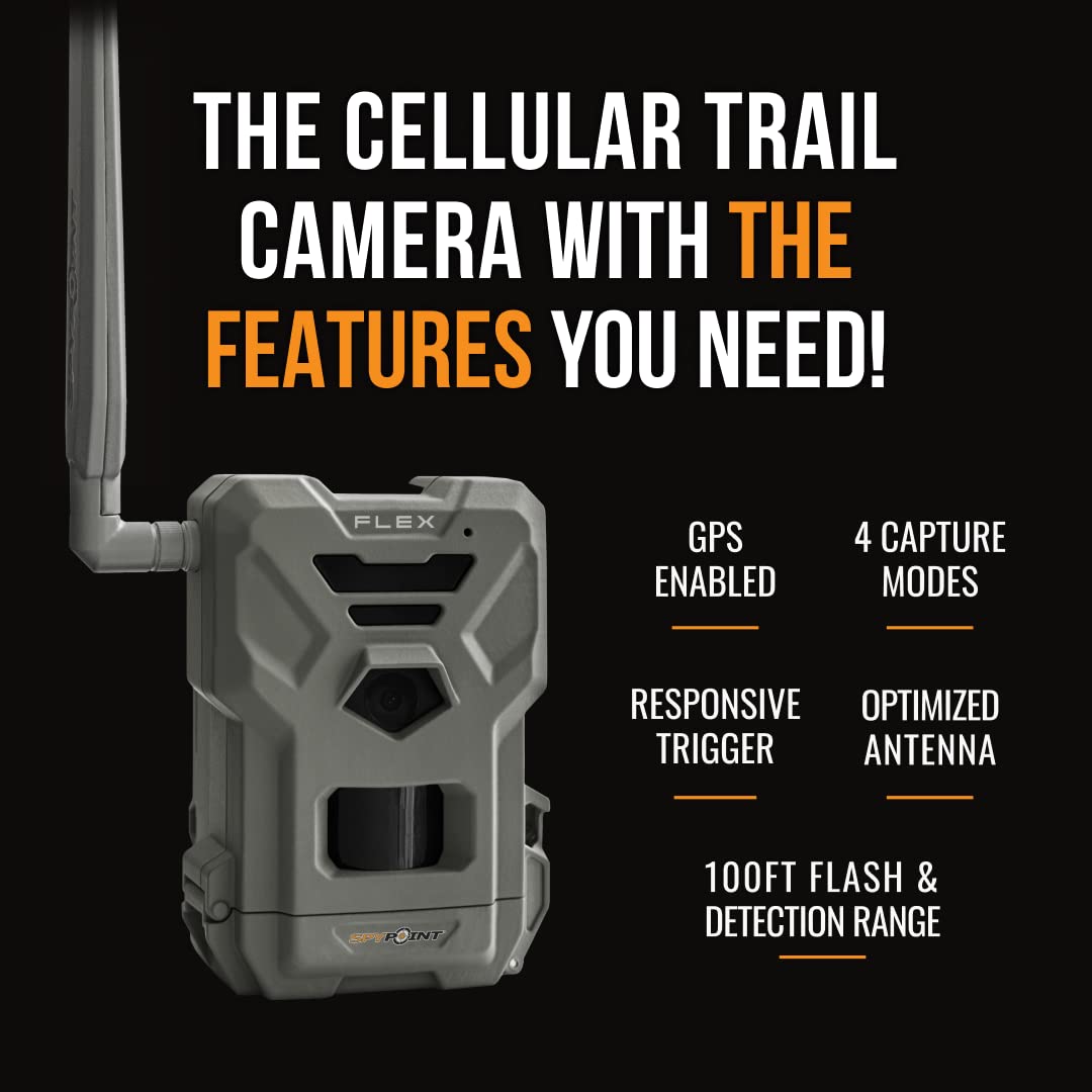 SPYPOINT Flex Dual-Sim Cellular Trail Camera 33MP Photos 1080p Videos with Sound and On-Demand Photo/Video Requests - GPS Enabled with Lexar 32GB Micro SD Card (1 Pack)