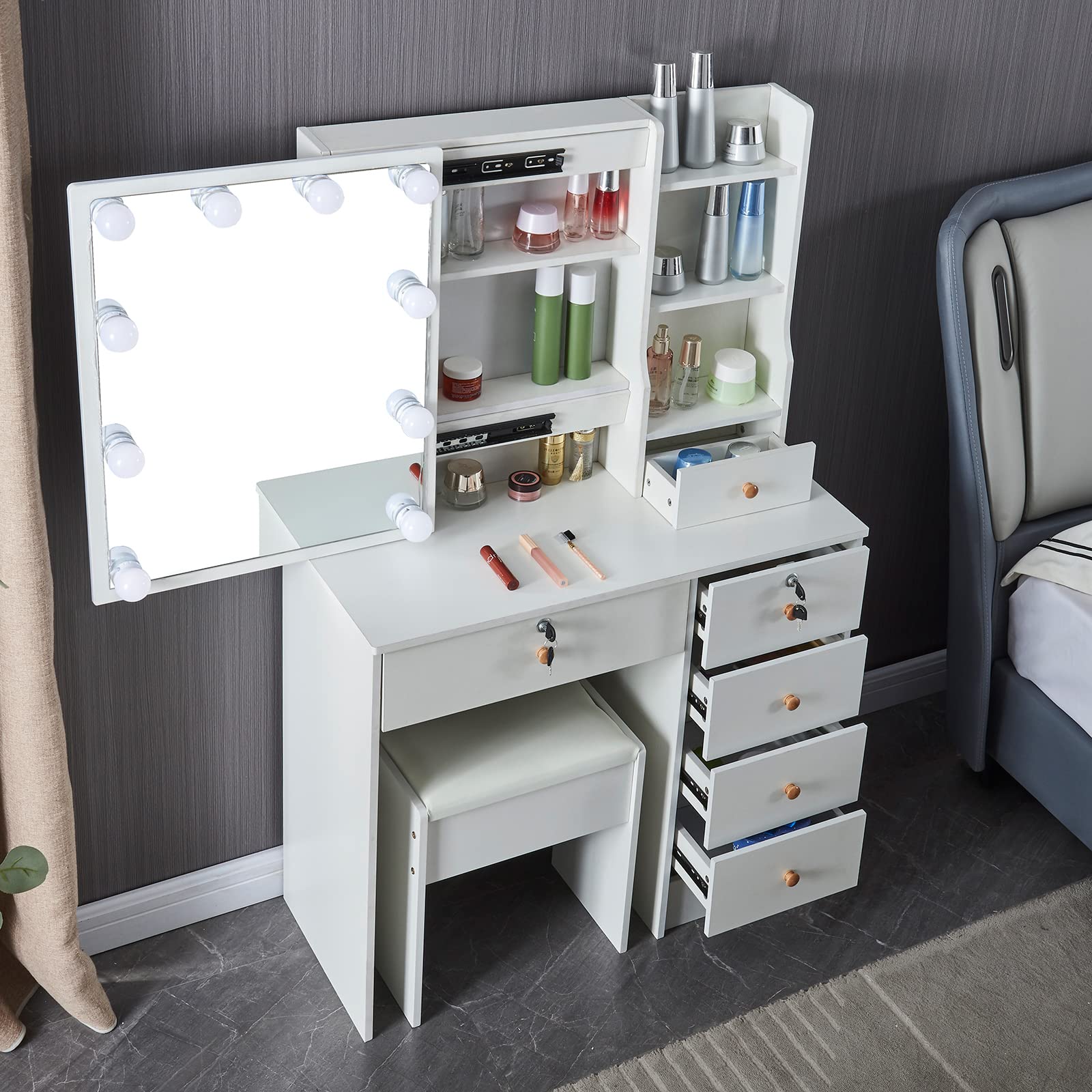 Makeup Vanity Set with LED Bulbs and Sliding Mirror, Vanity Desk with Chair and Drawers, Lots Storage Dressing Table with 3 Color Lighting Modes for Bedroom Dressing room