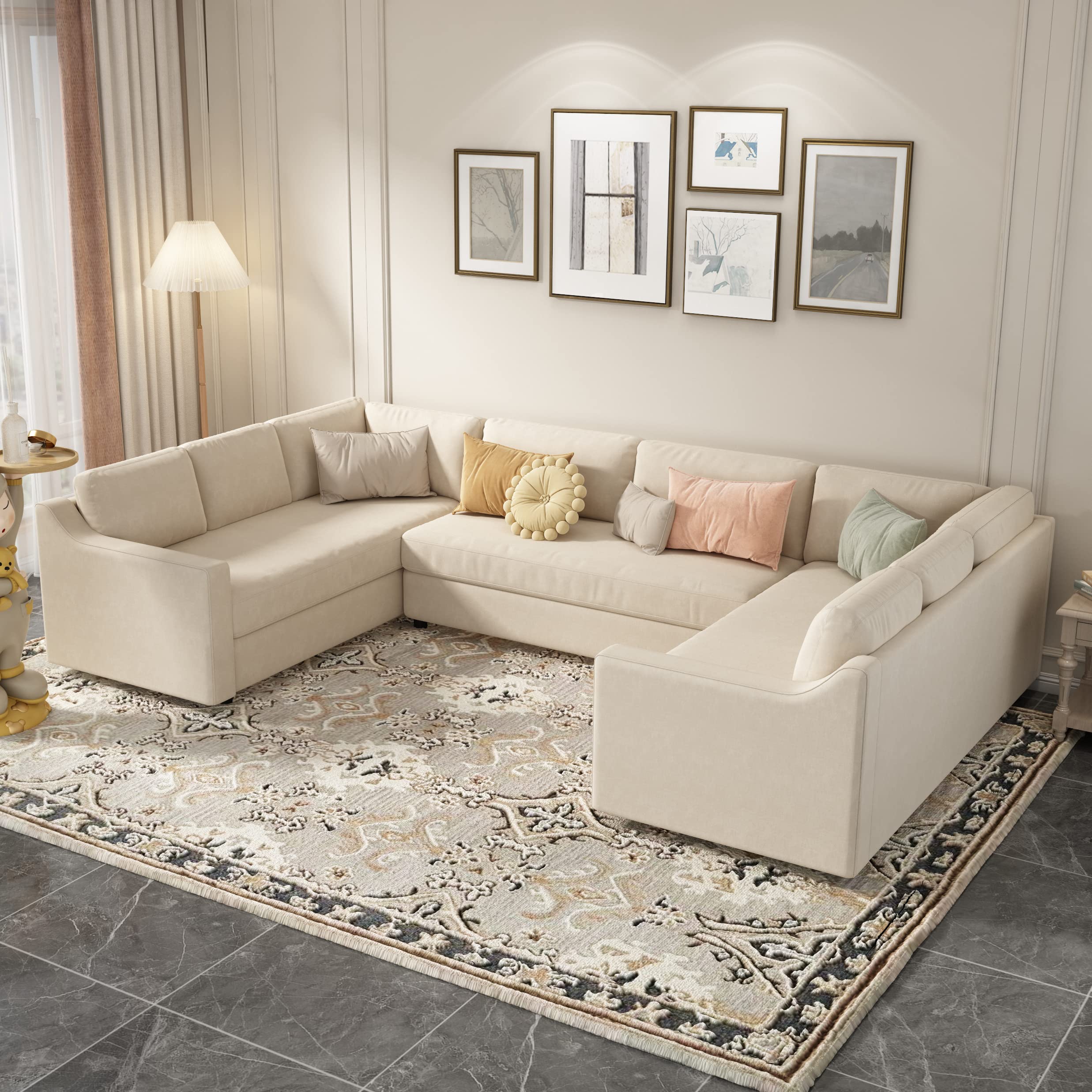 Merax Upholstered U-Shaped Large Sectional Sofa with Thick Seat, 8 Seater, Beige