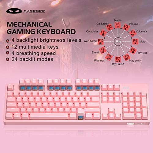 MageGee Mechanical Pink Gaming Keyboard MK-Armor LED Rainbow Backlit and Wired USB 104 Keys Keyboard with Blue Switches, for Windows PC Laptop Game(Pink&White)
